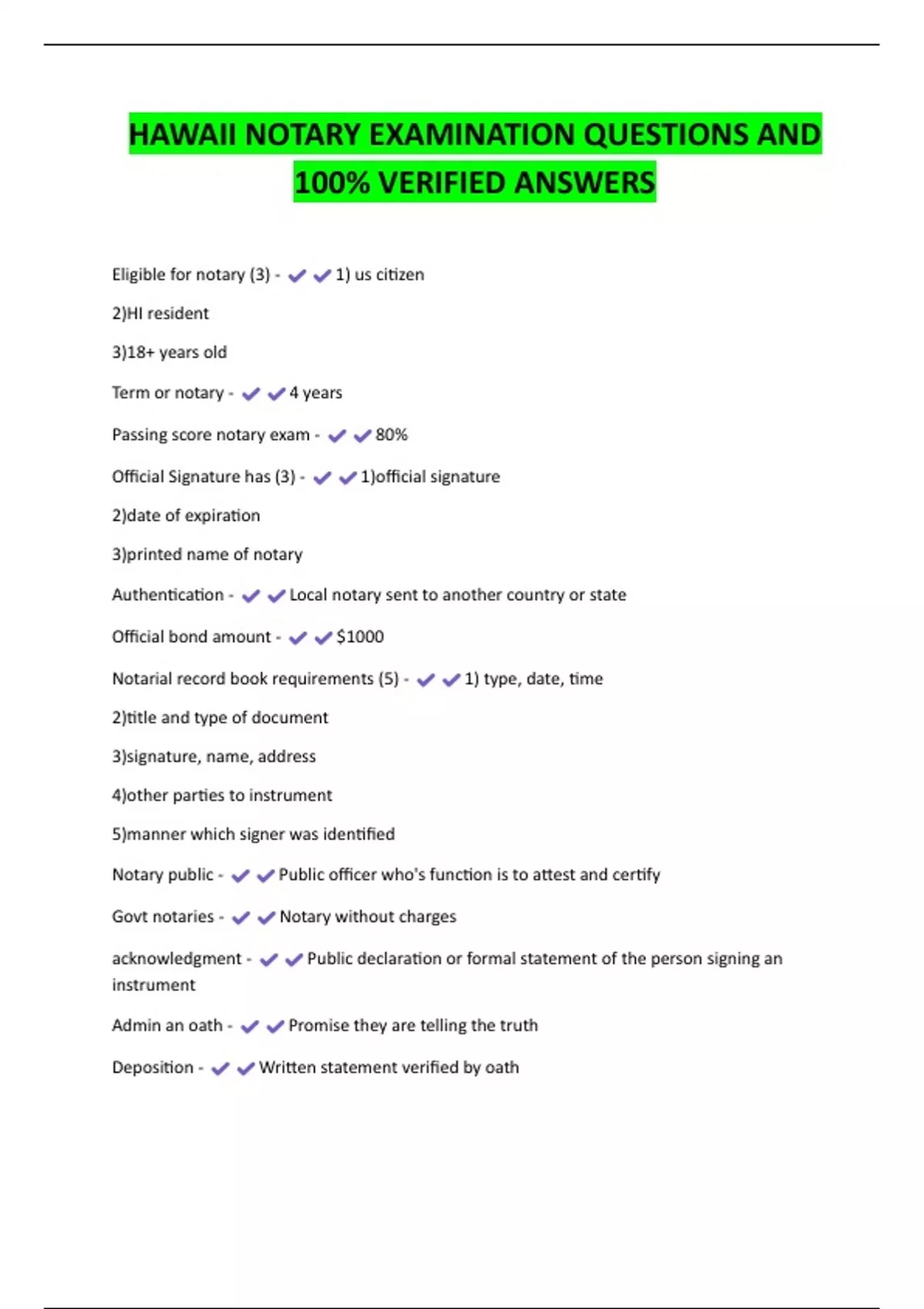 HAWAII NOTARY EXAMINATION QUESTIONS AND 100% VERIFIED ANSWERS - HAW ...