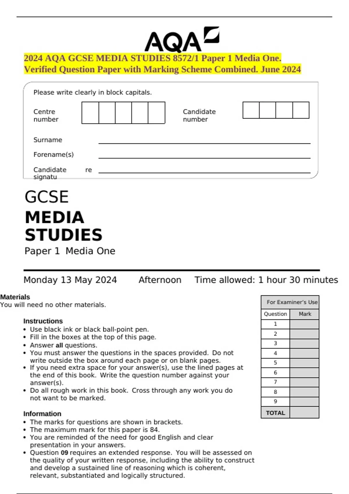 2024 AQA GCSE MEDIA STUDIES 8572/1 Paper 1 Media One. Verified Question ...