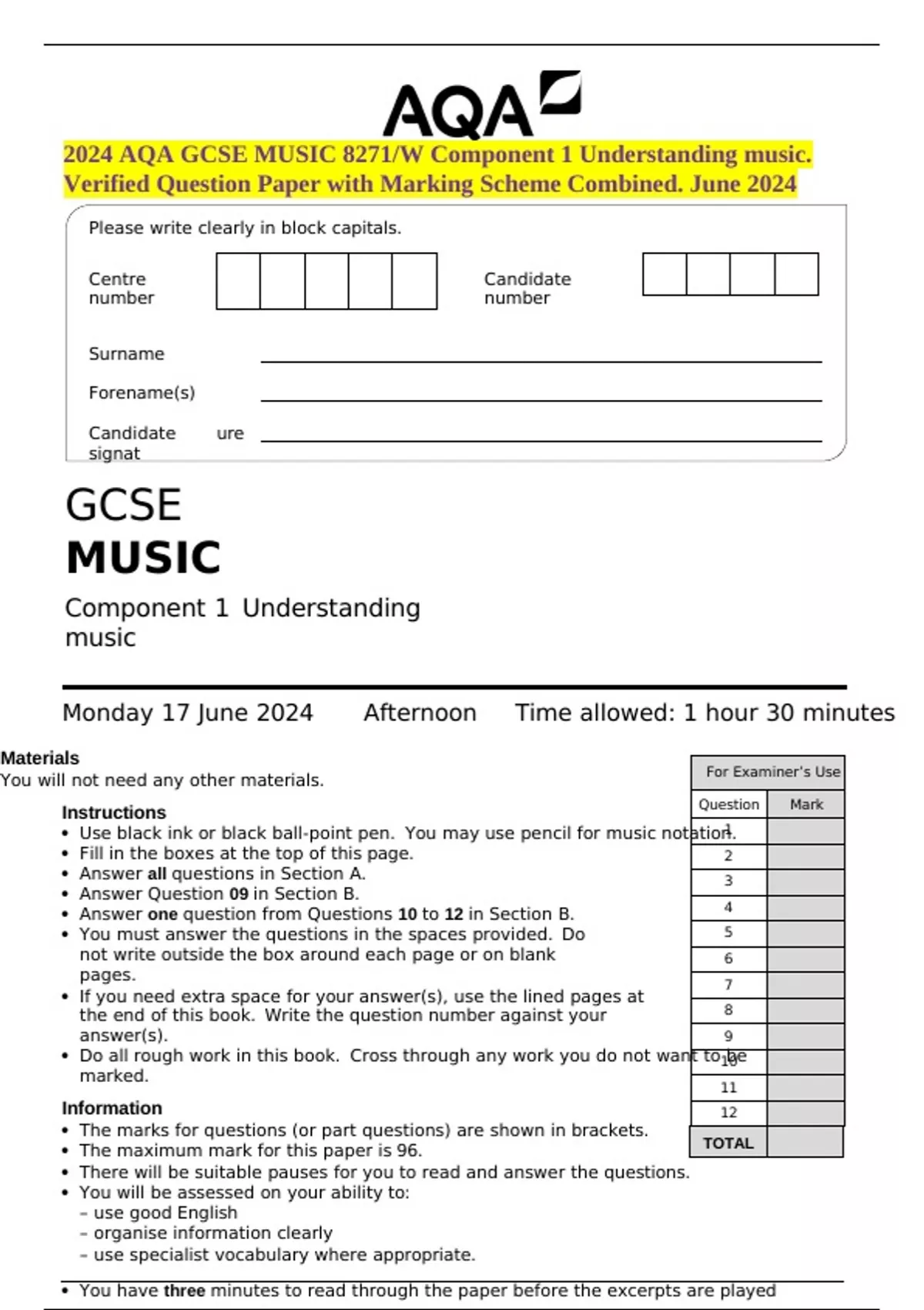 2024 AQA GCSE MUSIC 8271/W Component 1 Understanding music. Verified ...