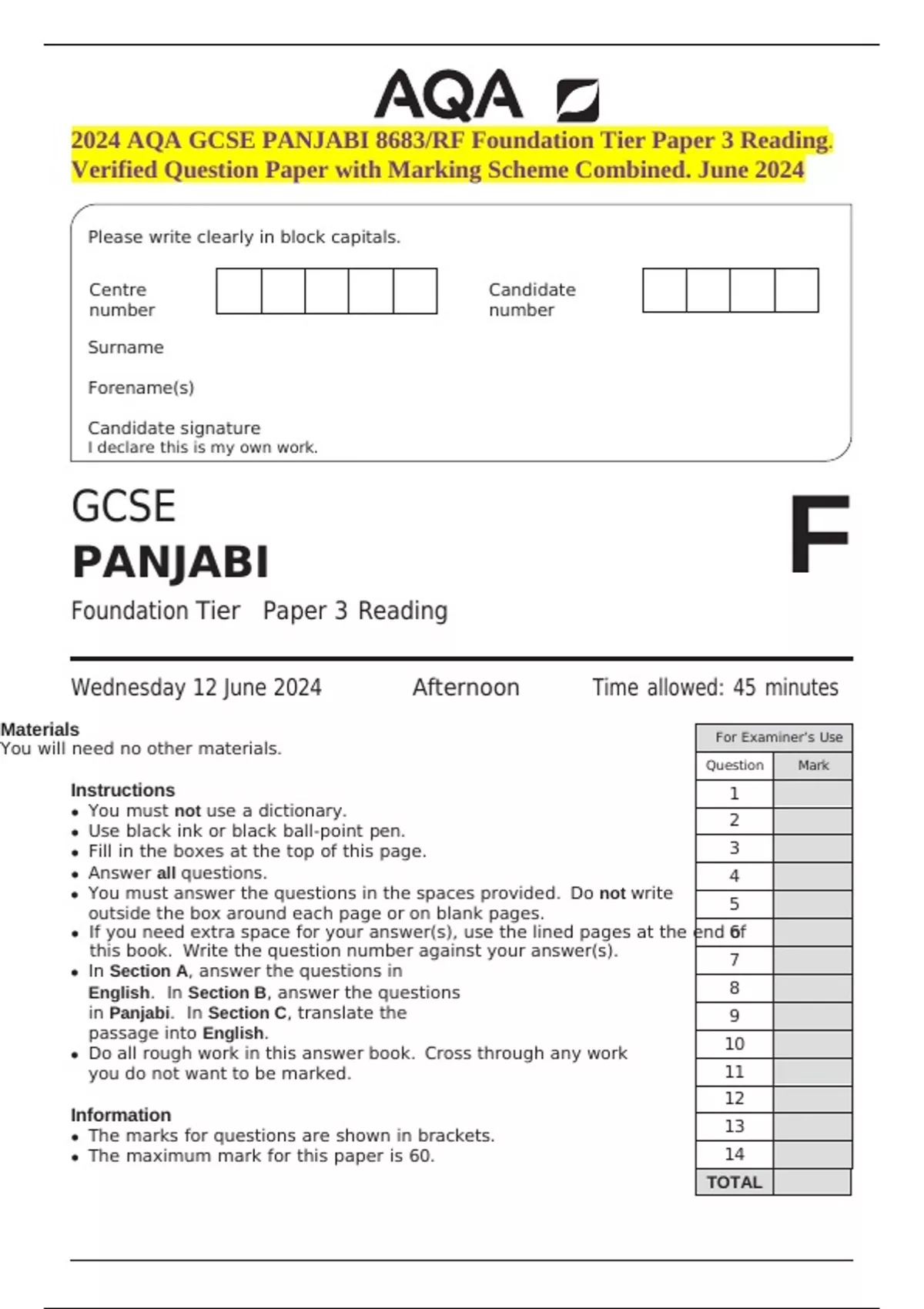 2024 AQA GCSE PANJABI 8683/RF Foundation Tier Paper 3 Reading. Verified ...