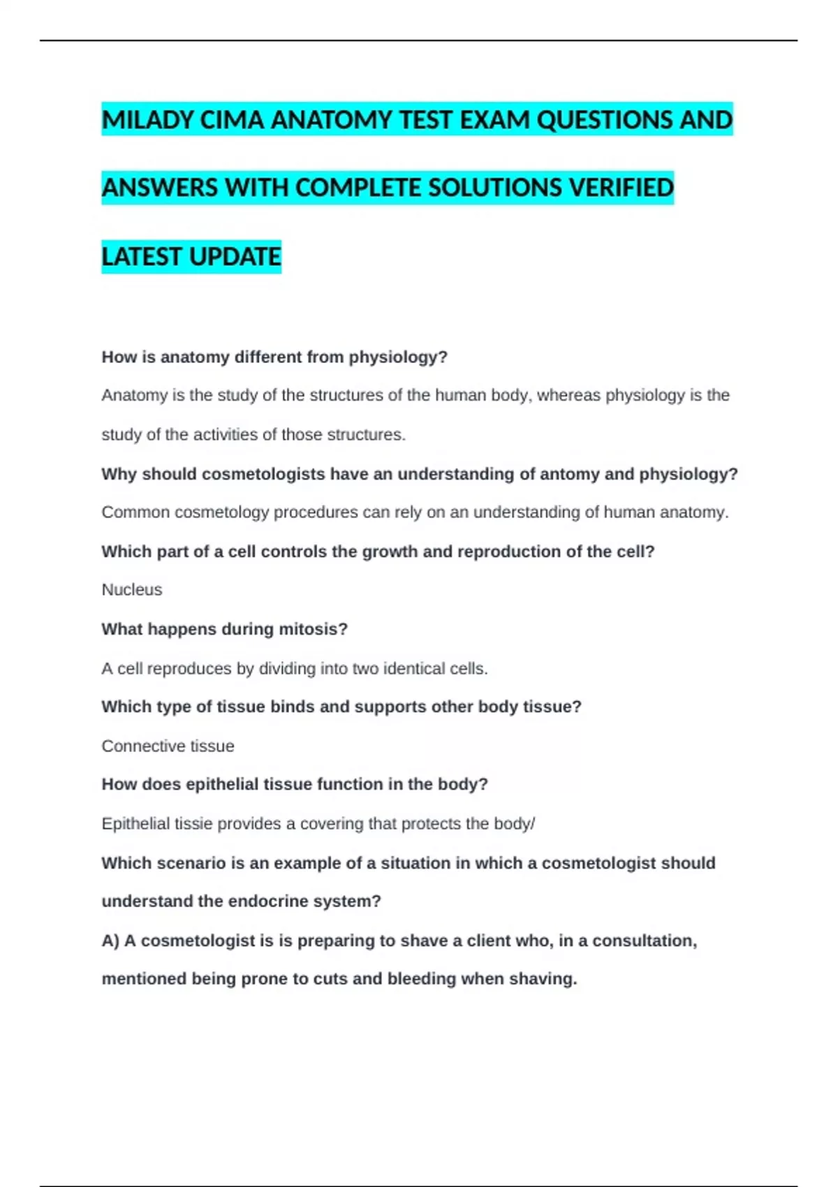 MILADY CIMA ANATOMY TEST EXAM QUESTIONS AND ANSWERS WITH COMPLETE ...