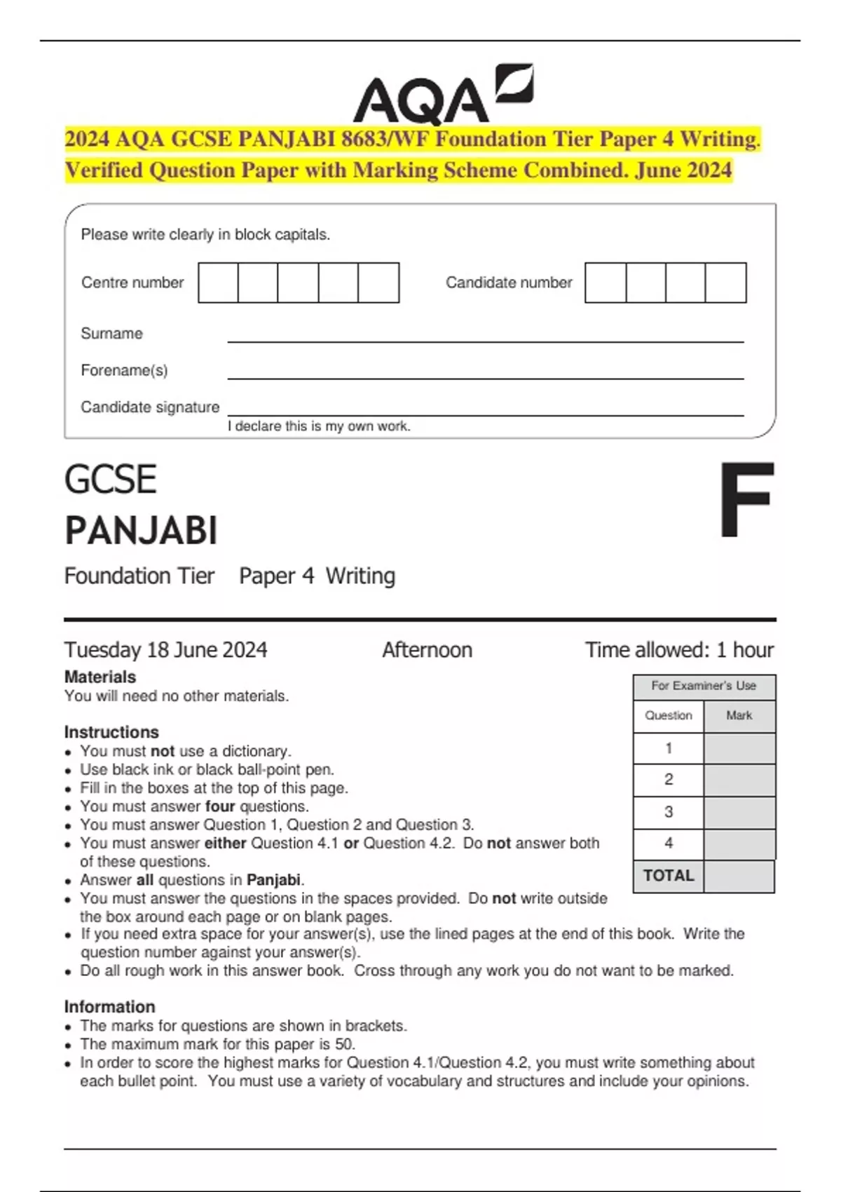2024 AQA GCSE PANJABI 8683/WF Foundation Tier Paper 4 Writing. Verified ...