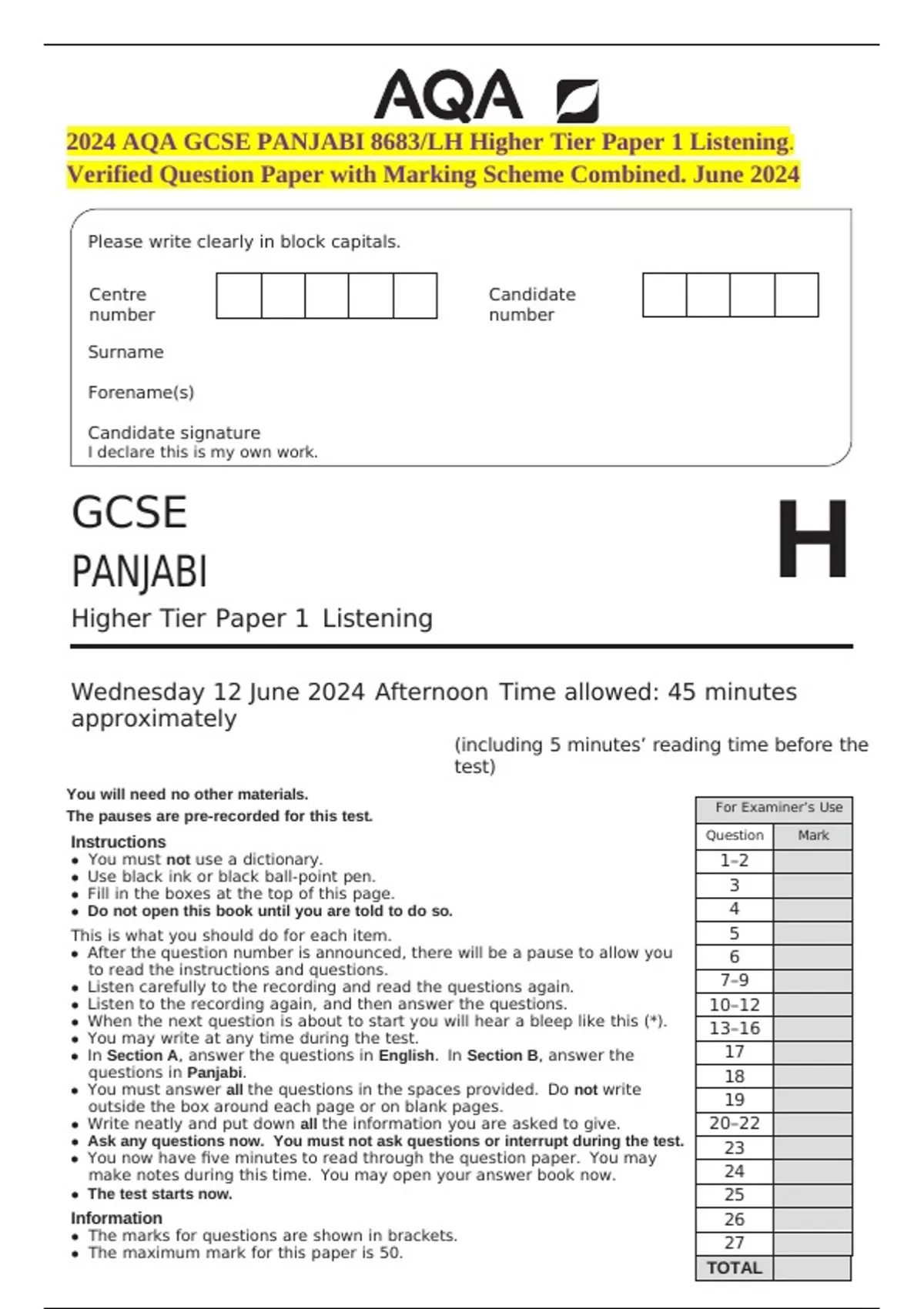 2024 AQA GCSE PANJABI 8683/LH Higher Tier Paper 1 Listening. Verified ...