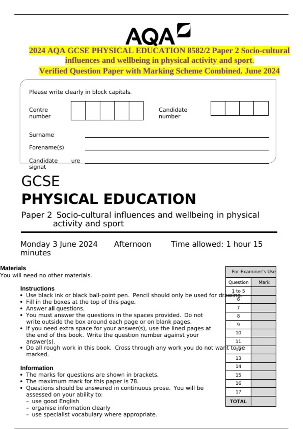 2024 AQA GCSE PHYSICAL EDUCATION 8582/2 Paper 2 Socio-cultural ...