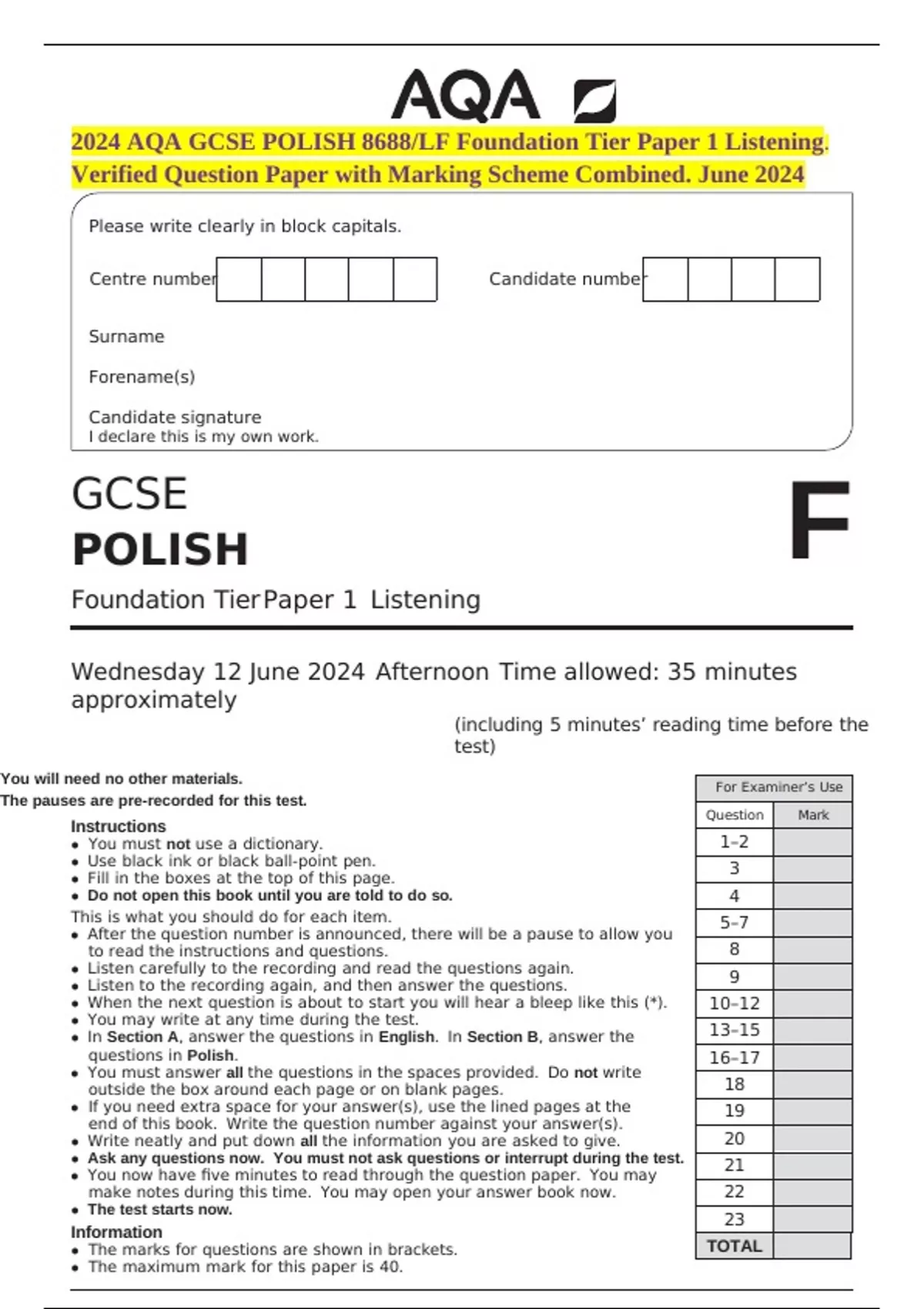 2024 AQA GCSE POLISH 8688/LF Foundation Tier Paper 1 Listening ...