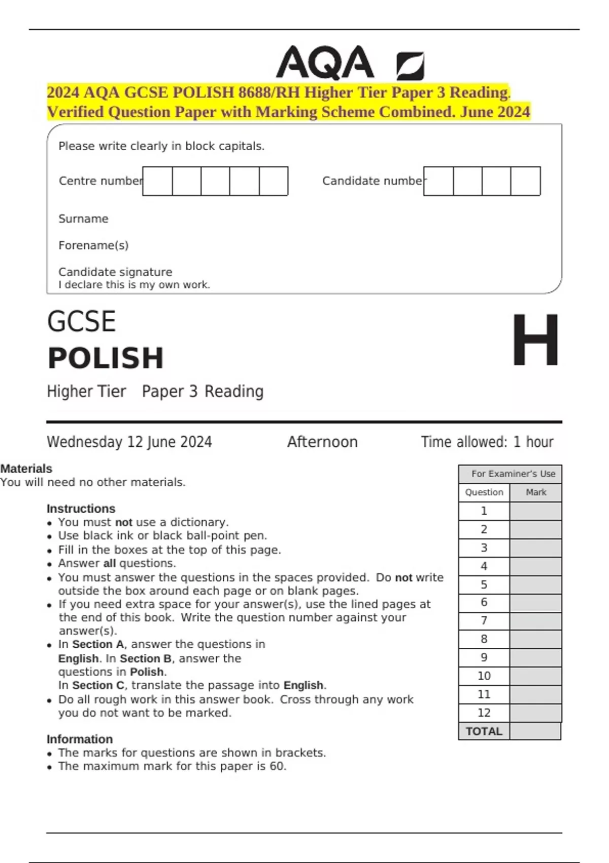 2024 AQA GCSE POLISH 8688/RH Higher Tier Paper 3 Reading. Verified ...