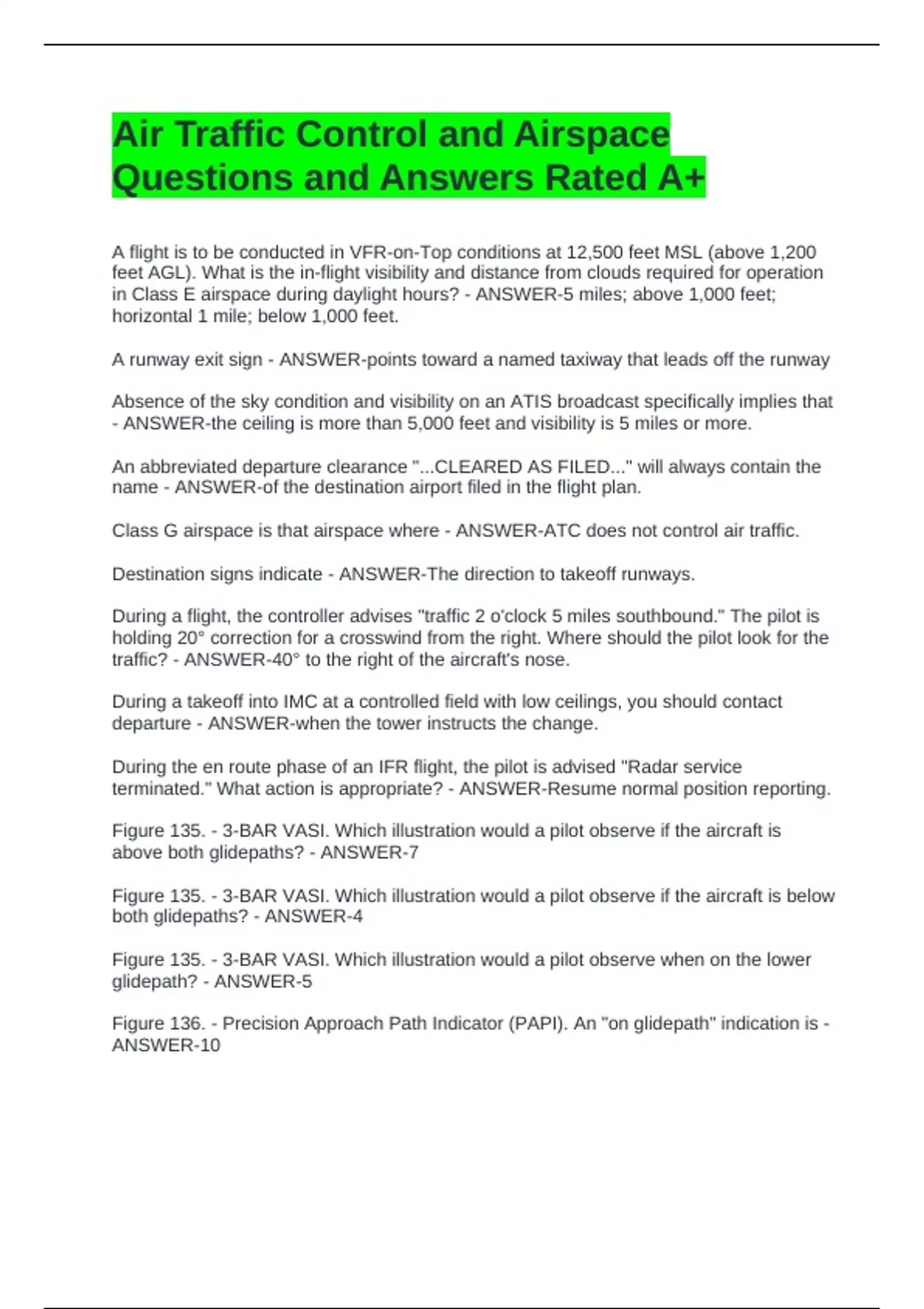 Air Traffic Control and Airspace Questions and Answers Rated A+ - Air Traffic Control - Stuvia US
