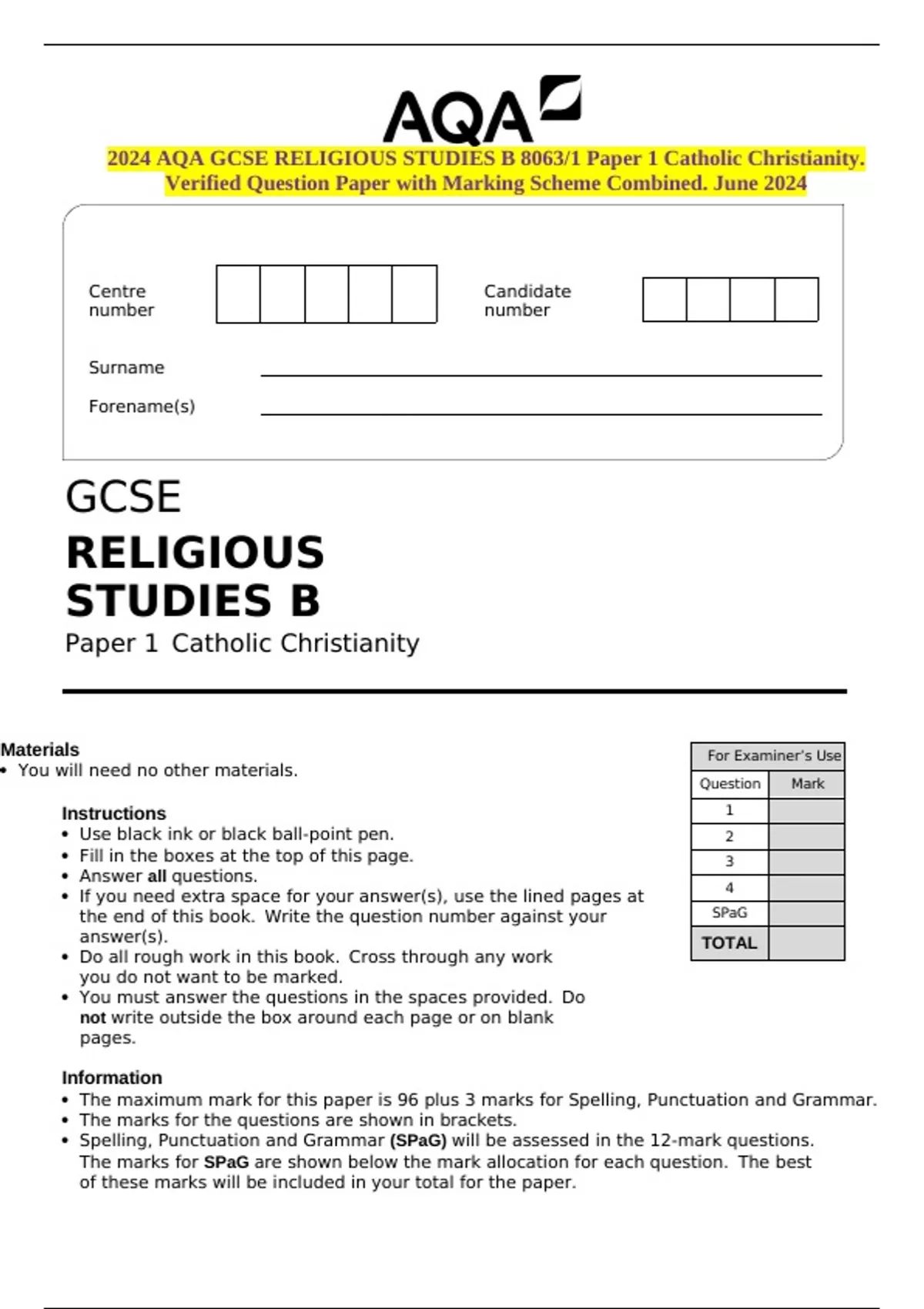 2024 AQA GCSE RELIGIOUS STUDIES B 8063/1 Paper 1 Catholic Christianity ...