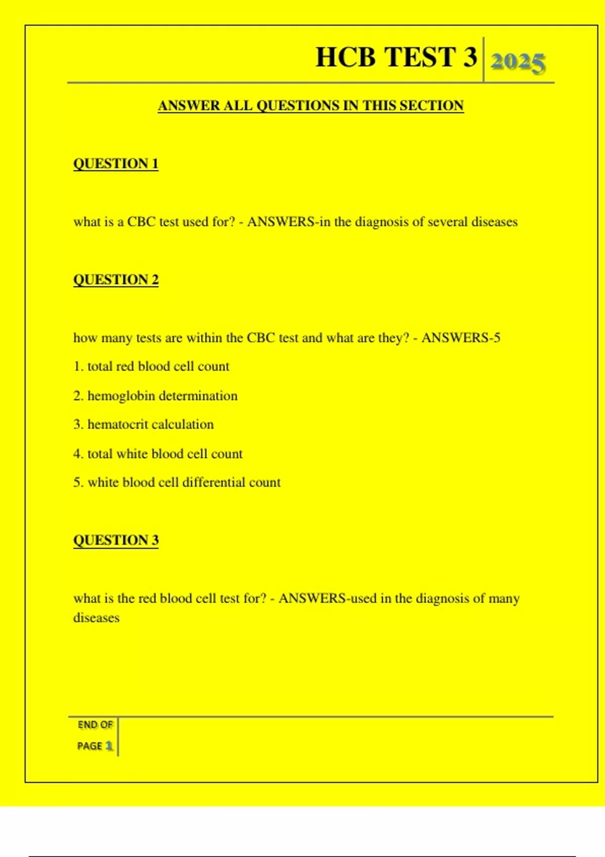 HCB TEST 3 QUESTIONS AND ANSWERS 2025 - HCB - Stuvia US
