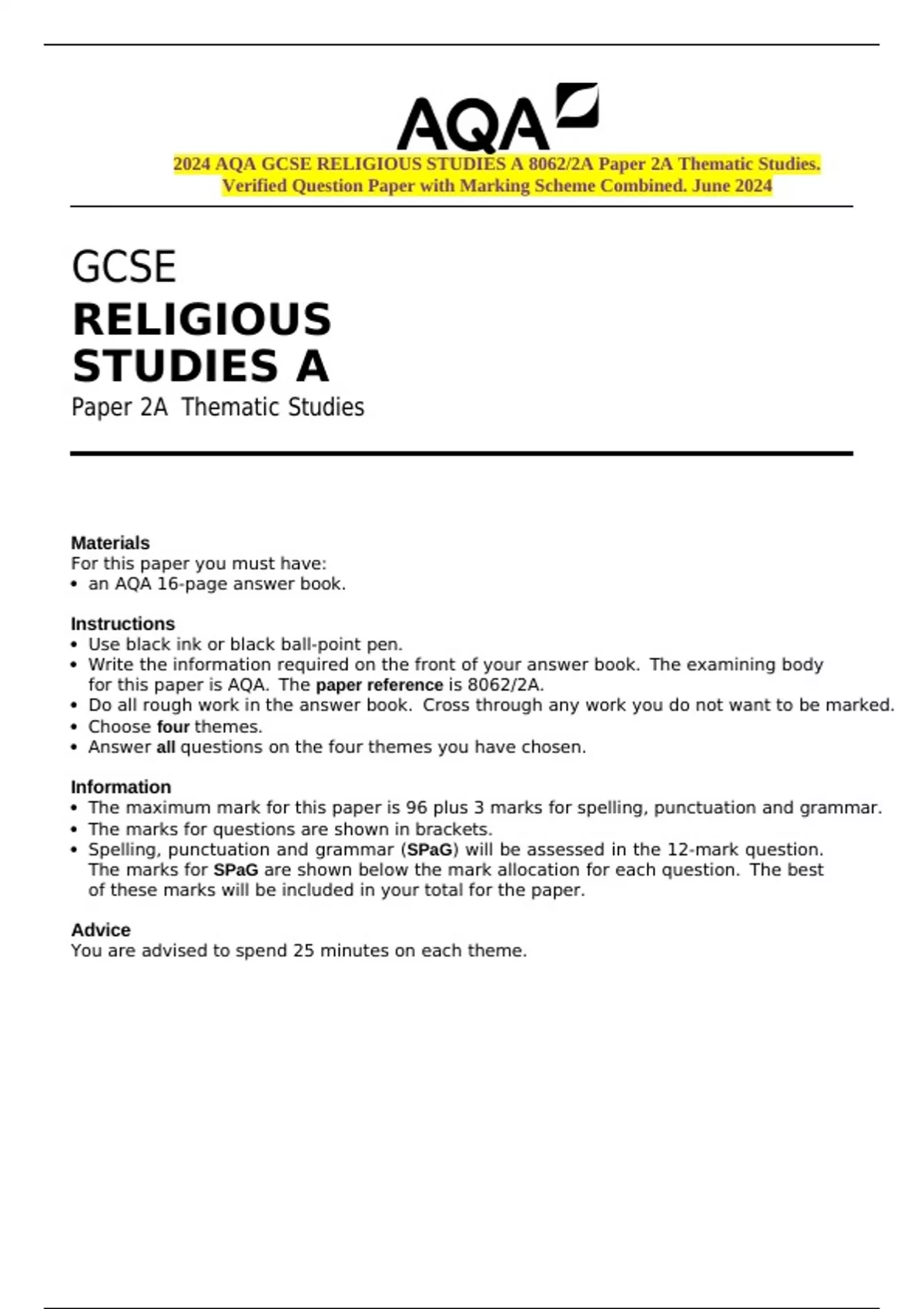 2024 AQA GCSE RELIGIOUS STUDIES A 8062/2A Paper 2A Thematic Studies ...