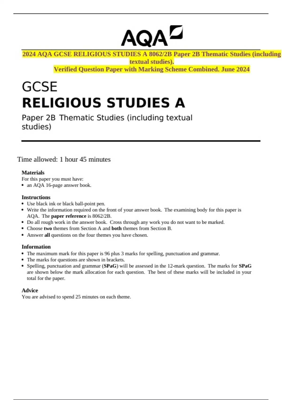 2024 AQA GCSE RELIGIOUS STUDIES A 8062/2B Paper 2B Thematic Studies ...