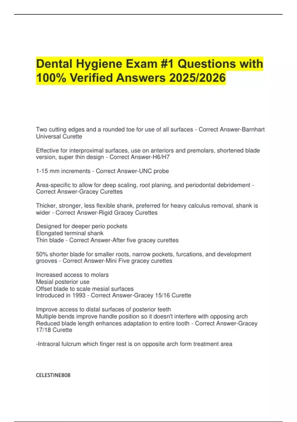 Dental Hygiene Exam #1 Questions with 100% Verified Answers 2025/2026 ...