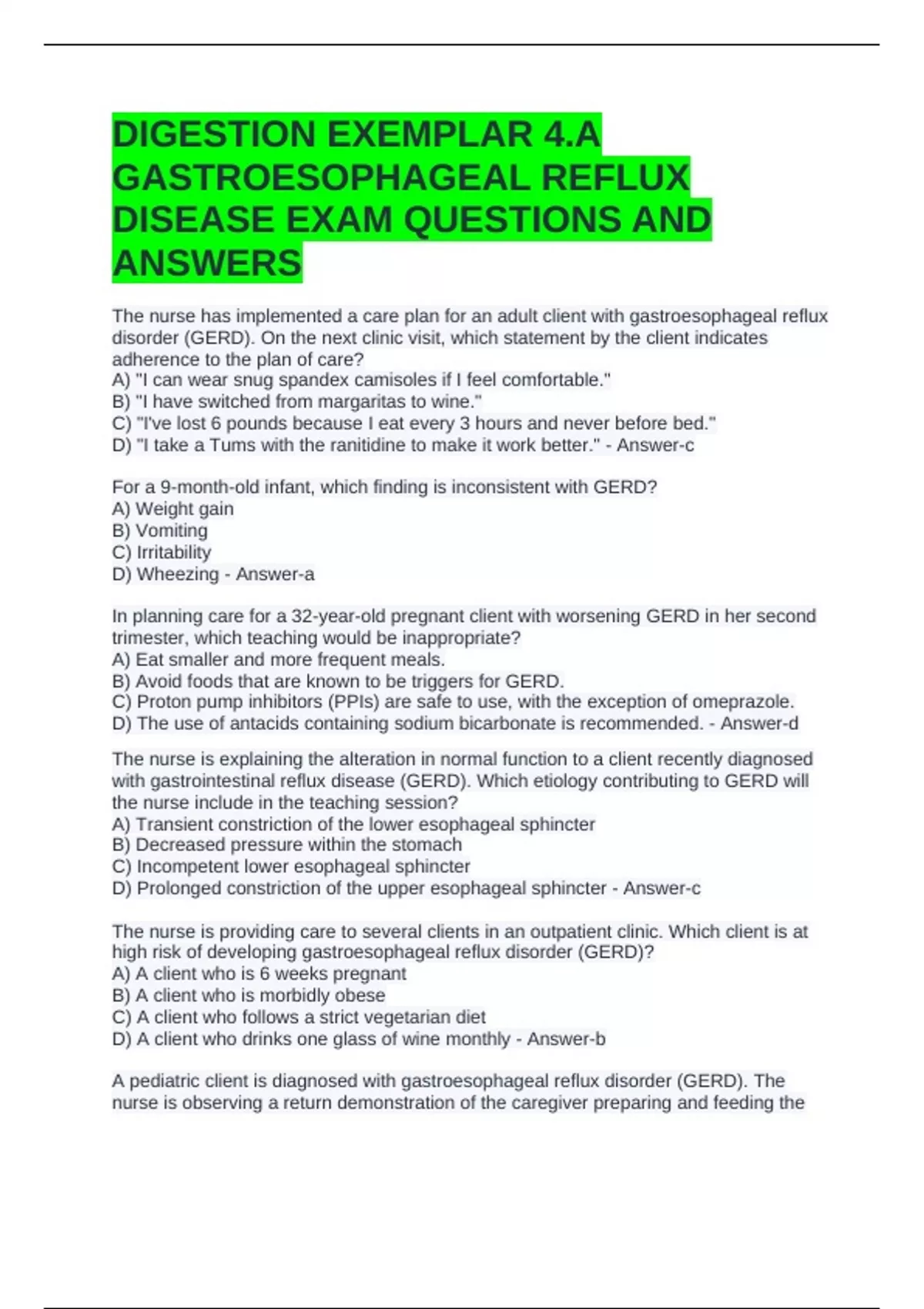 DIGESTION EXEMPLAR 4.A GASTROESOPHAGEAL REFLUX DISEASE EXAM QUESTIONS ...