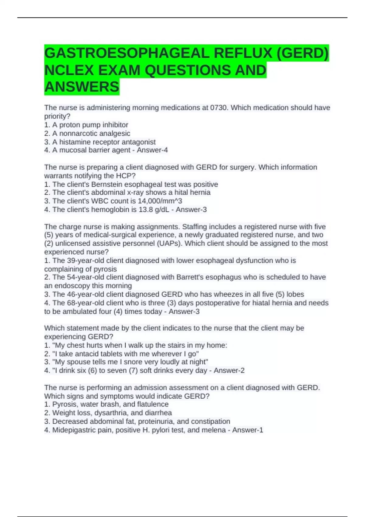 GASTROESOPHAGEAL REFLUX (GERD) NCLEX EXAM QUESTIONS AND ANSWERS - GERD - Stuvia US