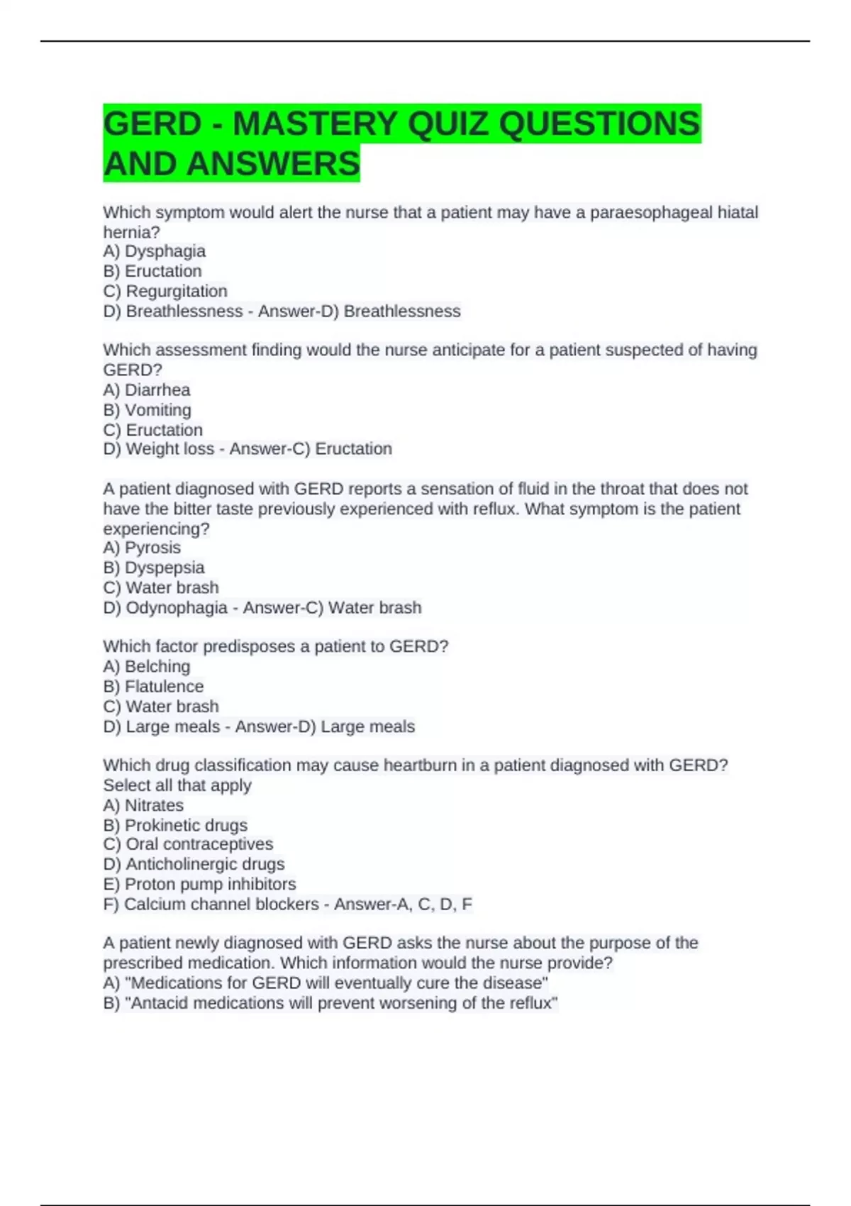 GERD - MASTERY QUIZ QUESTIONS AND ANSWERS - GERD - Stuvia US