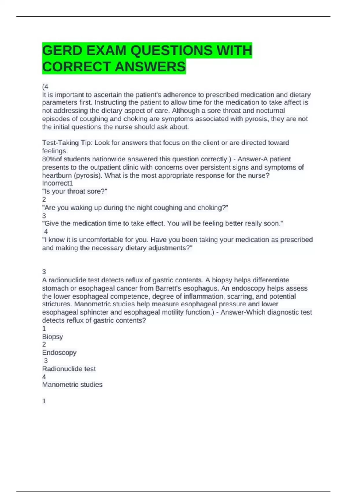 GERD EXAM QUESTIONS WITH CORRECT ANSWERS - GERD - Stuvia US