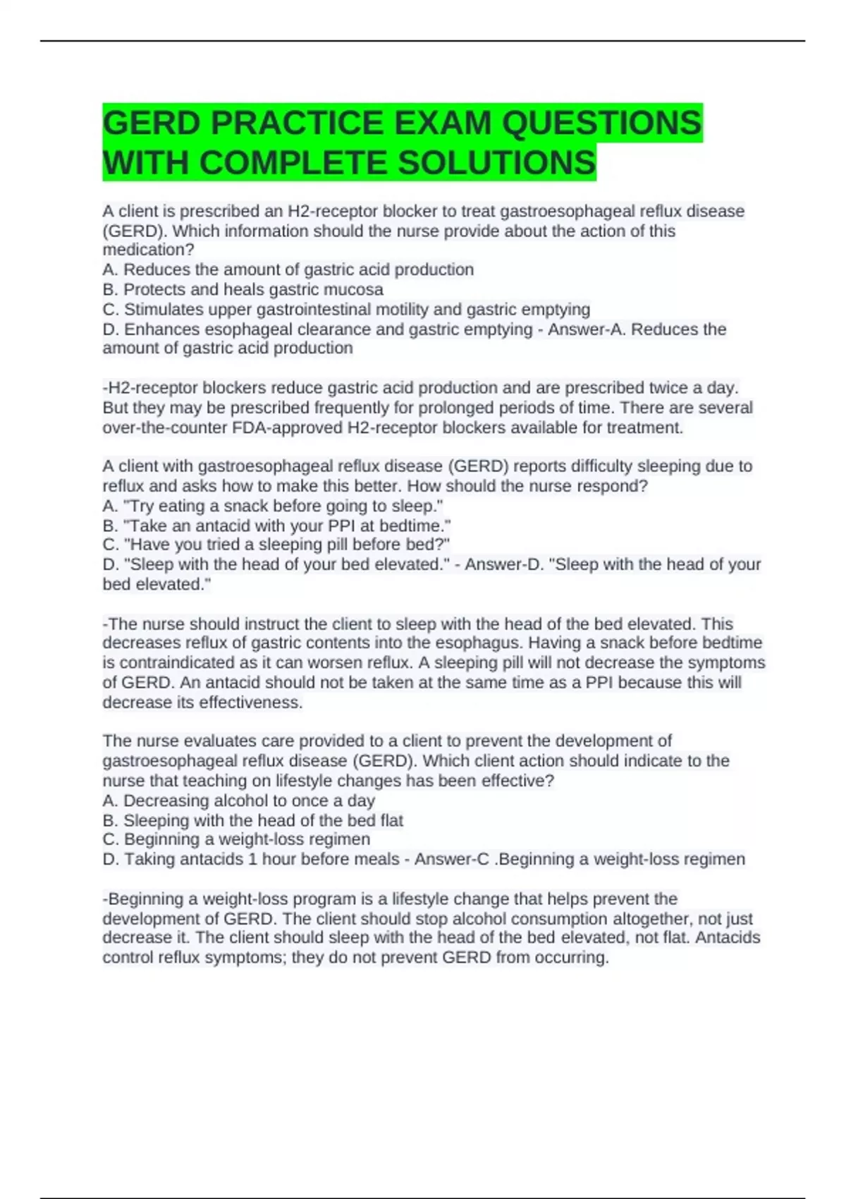 GERD PRACTICE EXAM QUESTIONS WITH COMPLETE SOLUTIONS - GERD - Stuvia US