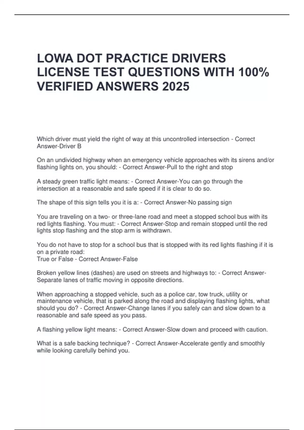 LOWA DOT PRACTICE DRIVERS LICENSE TEST QUESTIONS WITH 100% VERIFIED ...