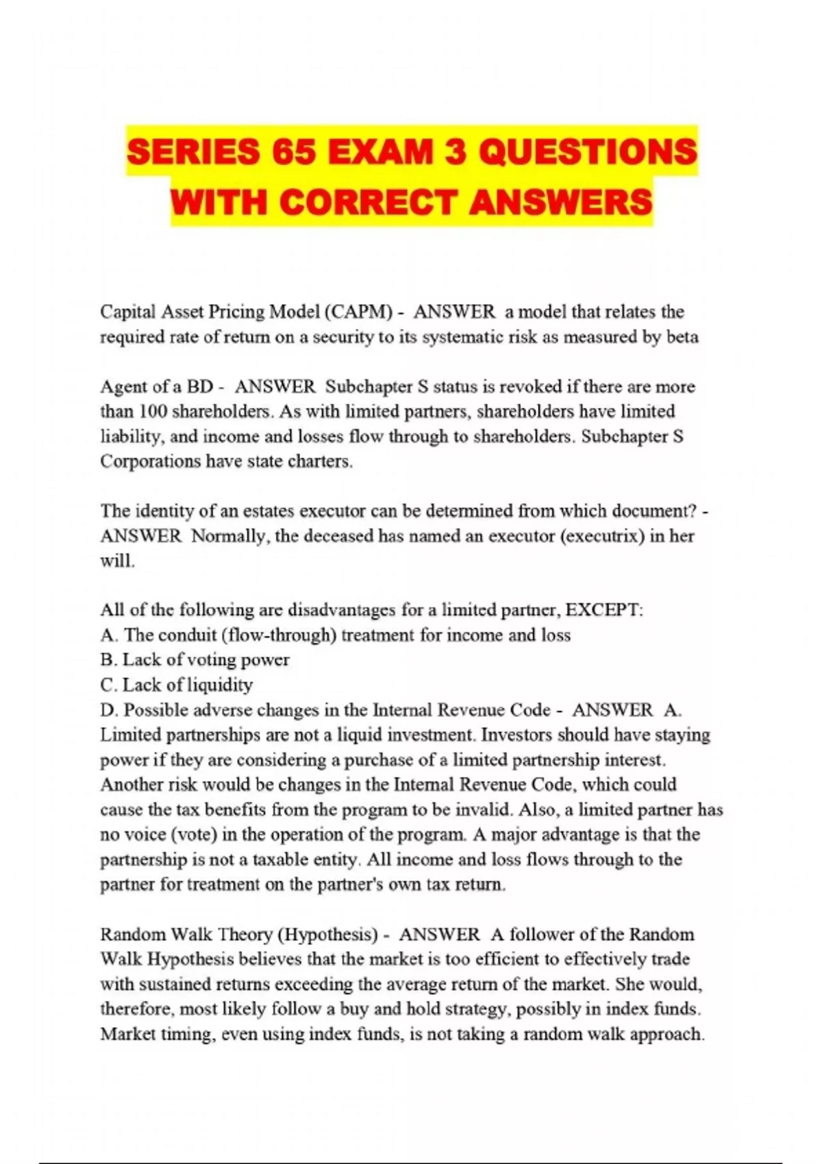 SERIES 65 EXAM 3 QUESTIONS WITH CORRECT ANSWERS - SERIES 65 - Stuvia US