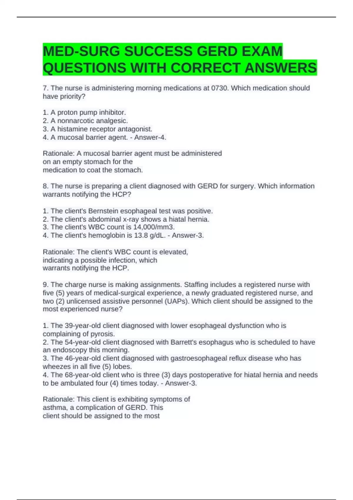 MED-SURG SUCCESS GERD EXAM QUESTIONS WITH CORRECT ANSWERS - GERD ...