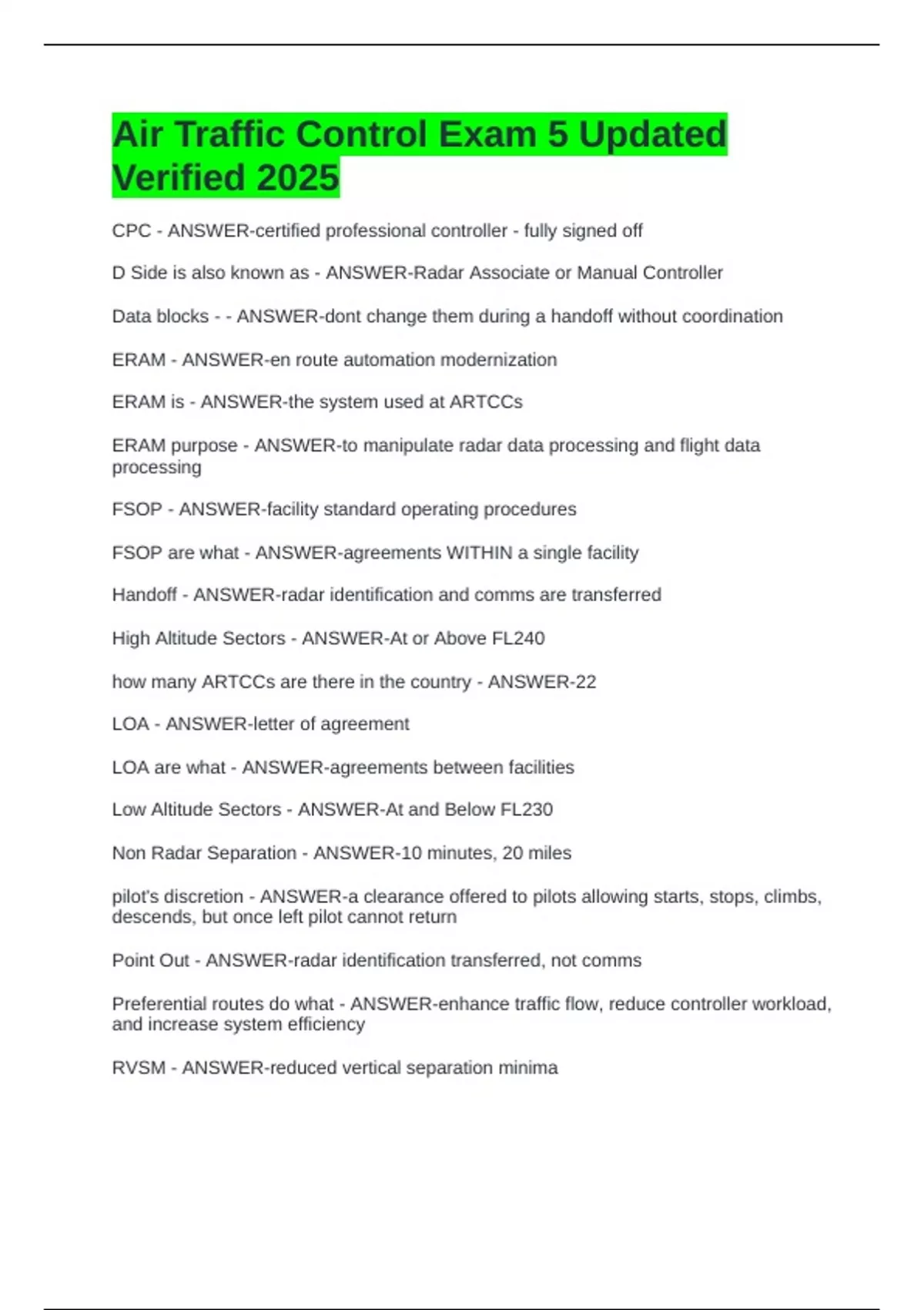Air Traffic Control Exam 5 Updated Verified 2025 - Air Traffic Control ...