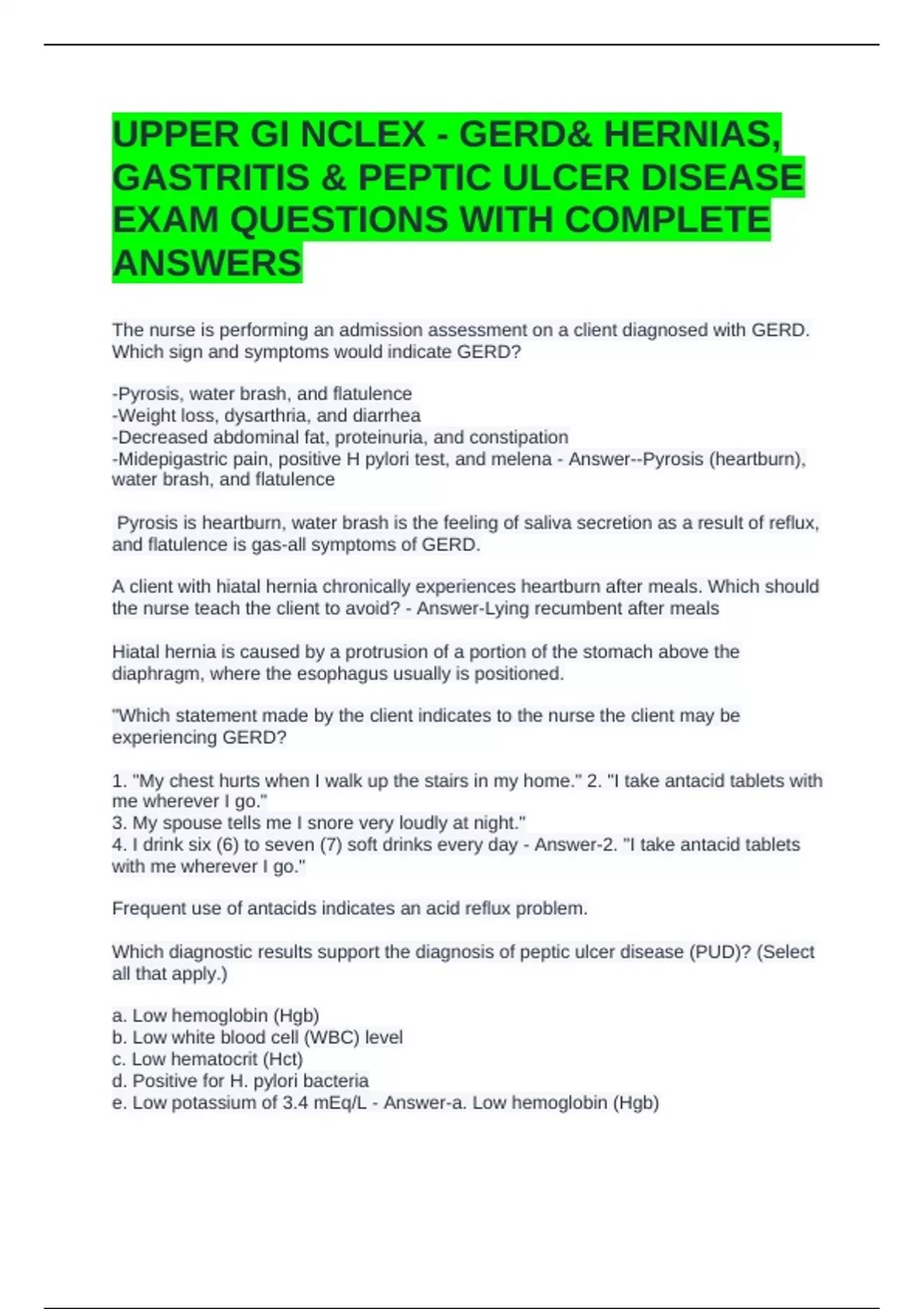 UPPER GI NCLEX - GERD& HERNIAS, GASTRITIS & PEPTIC ULCER DISEASE EXAM ...