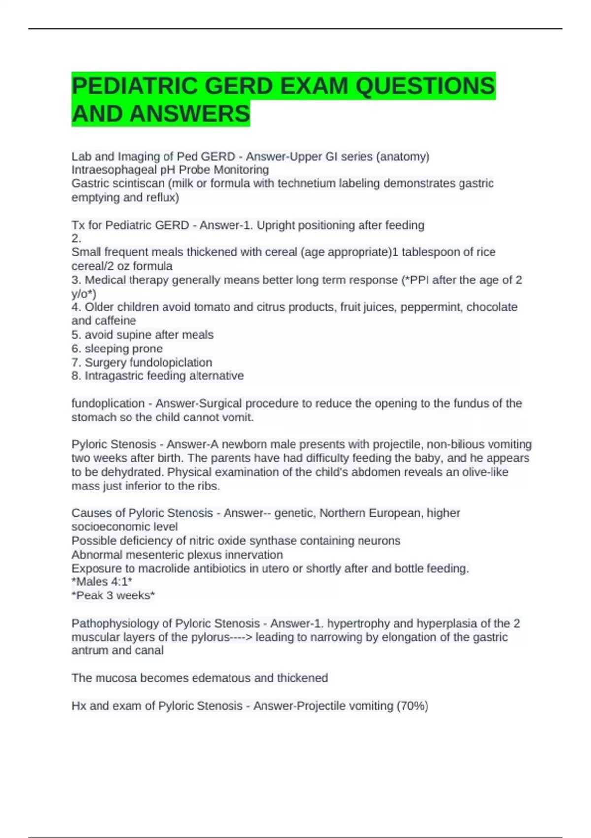 PEDIATRIC GERD EXAM QUESTIONS AND ANSWERS - GERD - Stuvia US