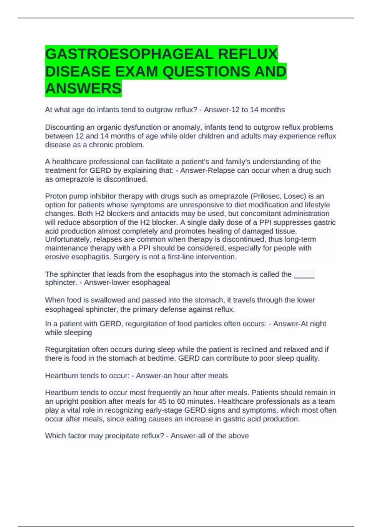 GASTROESOPHAGEAL REFLUX DISEASE EXAM QUESTIONS AND ANSWERS - GERD ...