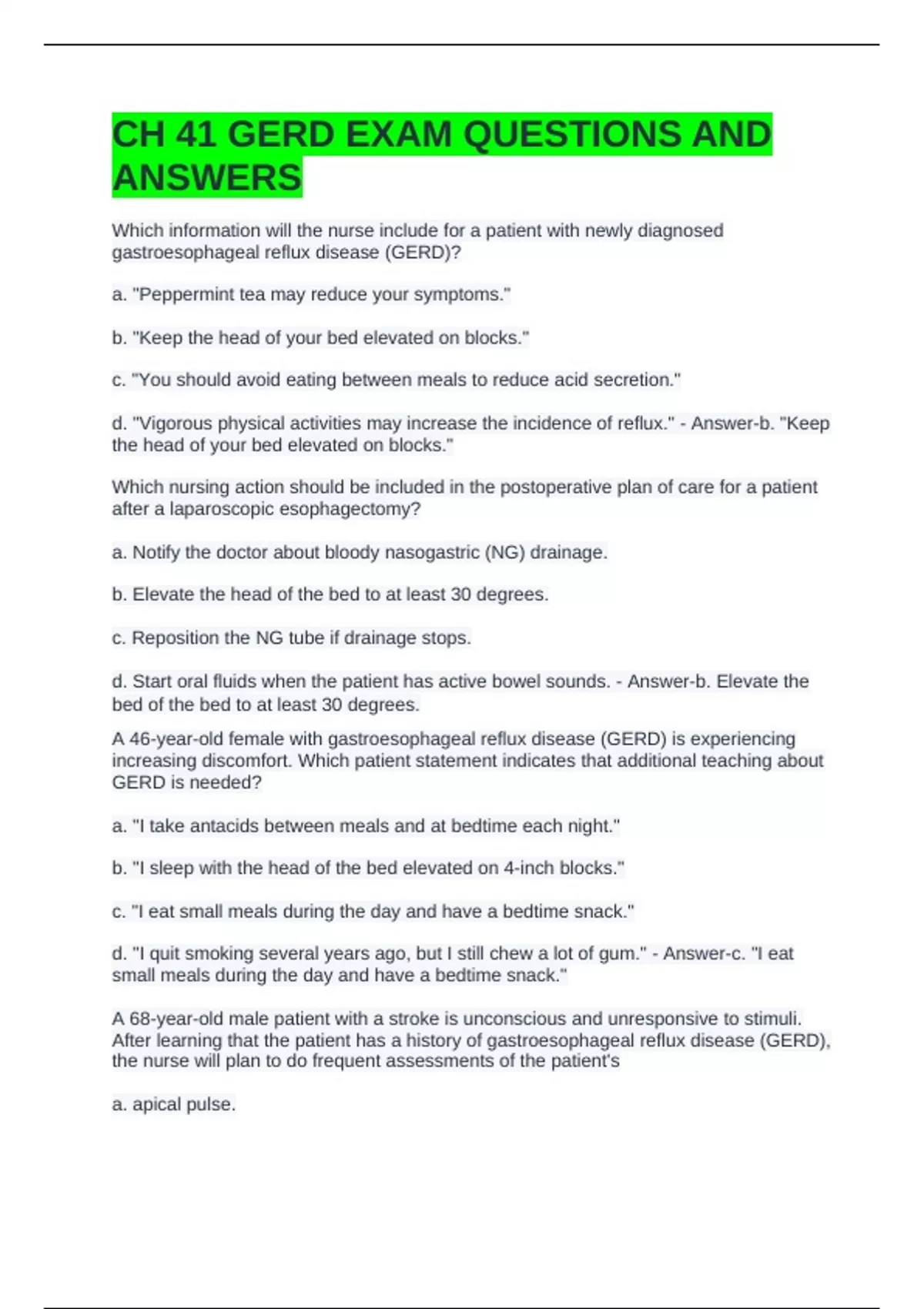 CH 41 GERD EXAM QUESTIONS AND ANSWERS - GERD - Stuvia US