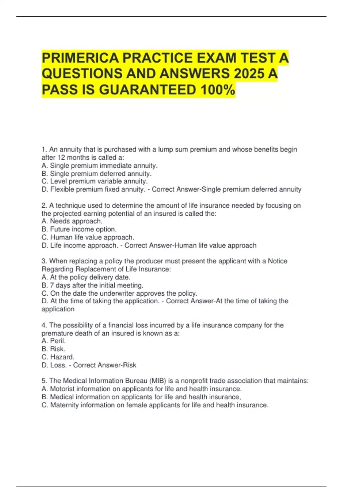 PRIMERICA PRACTICE EXAM TEST A QUESTIONS AND ANSWERS 2025 A PASS IS ...