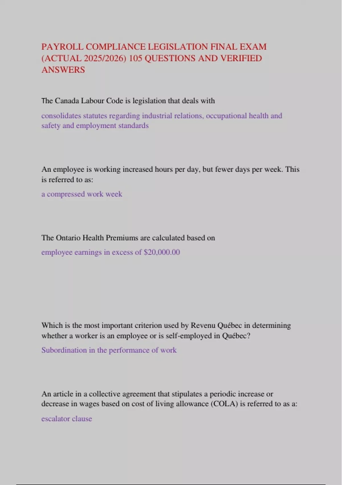 PAYROLL COMPLIANCE LEGISLATION FINAL EXAM (ACTUAL 2025/2026) 105 ...