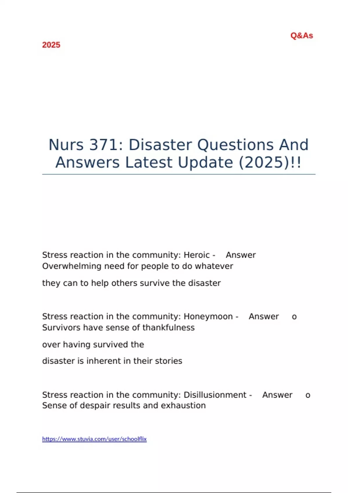 Nurs 371 Disaster Questions And Answers Latest Update (2025)!! - NURS ...