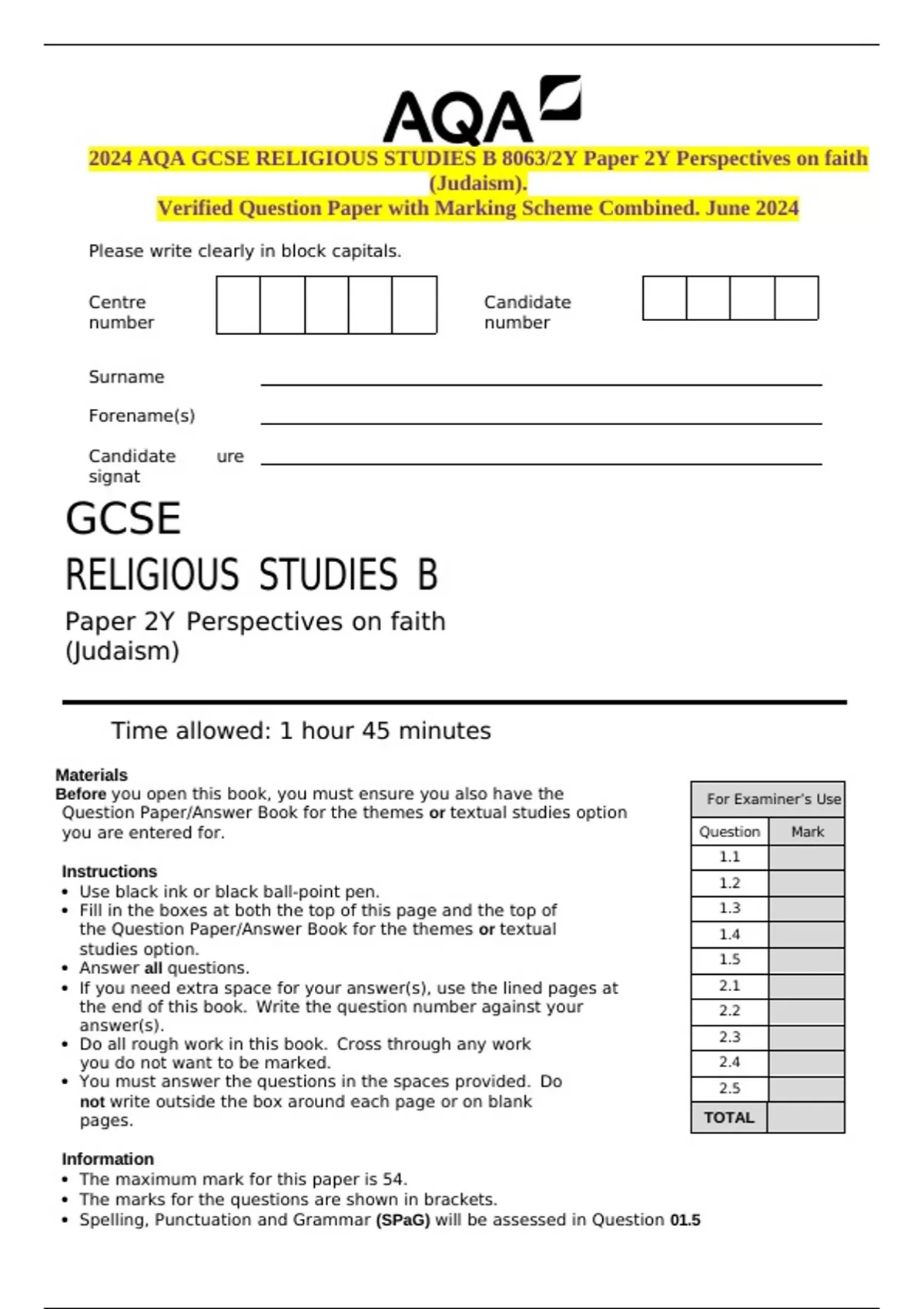 2024 AQA GCSE RELIGIOUS STUDIES B 8063/2Y Paper 2Y Perspectives on ...