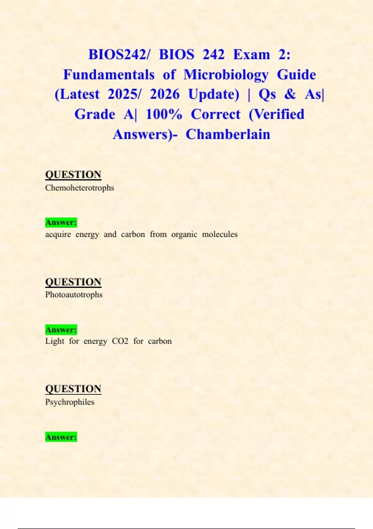 BIOS242/ BIOS 242 Exam 2: Fundamentals of Microbiology Guide (Latest ...
