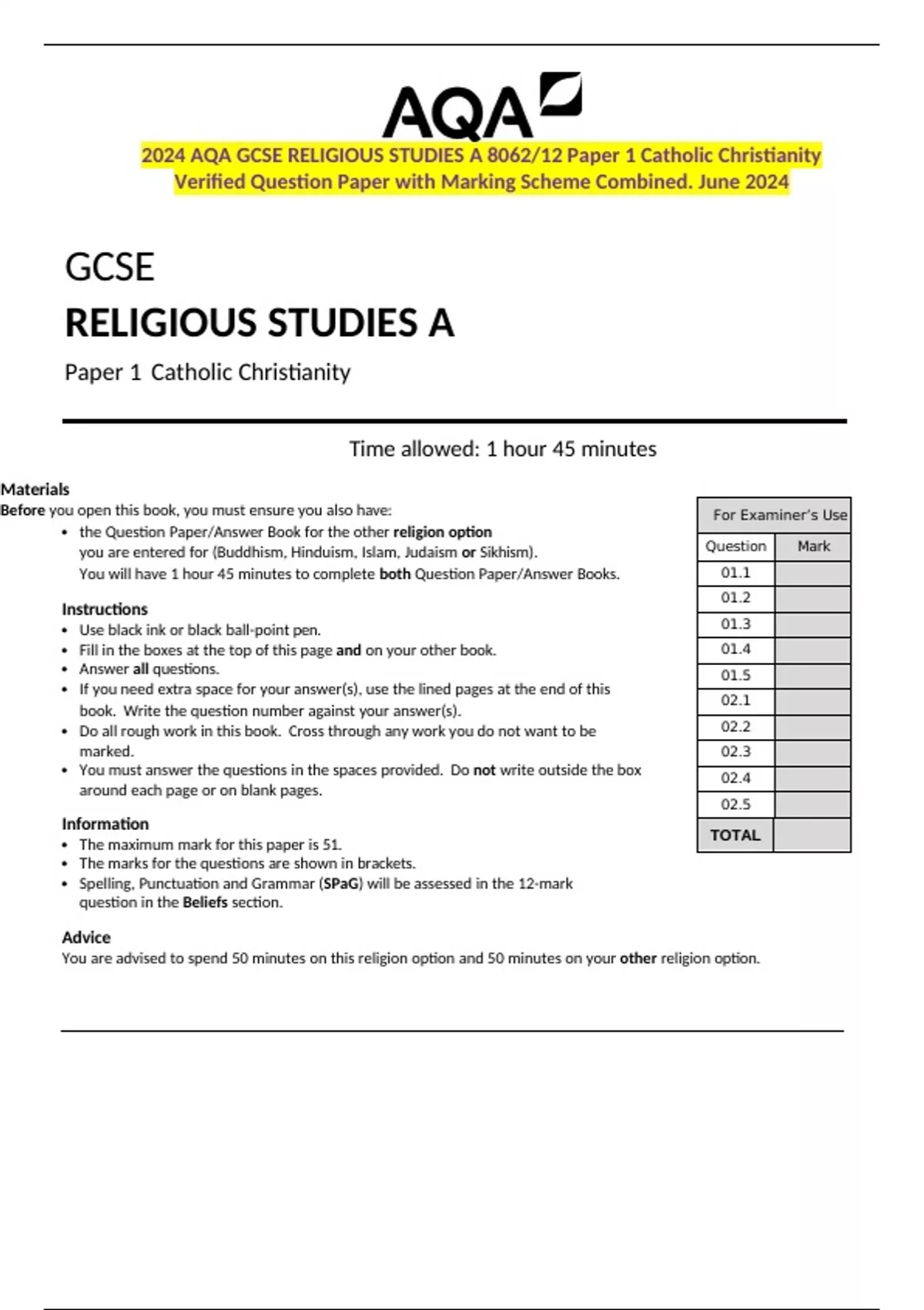 2024 AQA GCSE RELIGIOUS STUDIES A 8062/12 Paper 1 Catholic Christianity ...