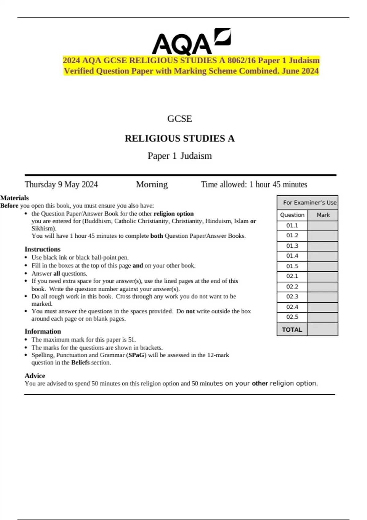 2024 AQA GCSE RELIGIOUS STUDIES A 8062/16 Paper 1 Judaism Verified ...