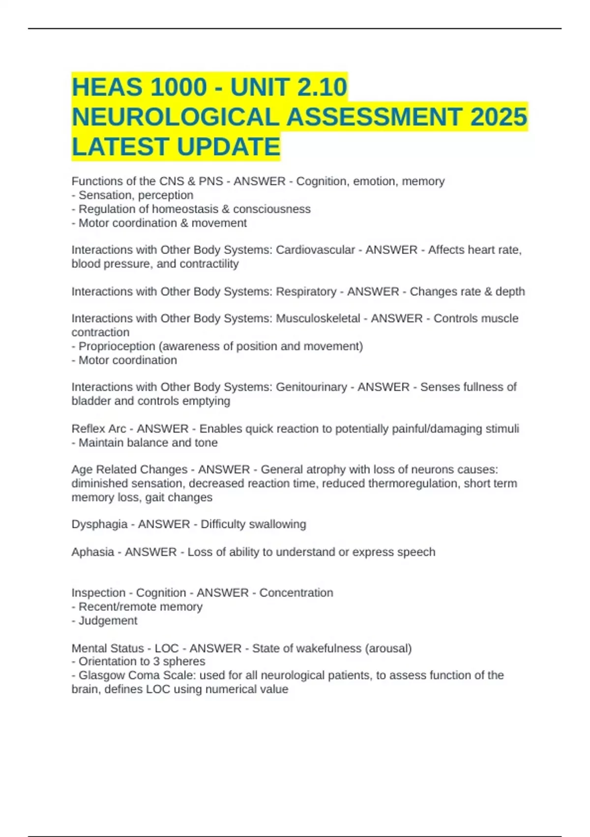 HEAS 1000 - UNIT 2.10 NEUROLOGICAL ASSESSMENT 2025 LATEST UPDATE - HEAS ...