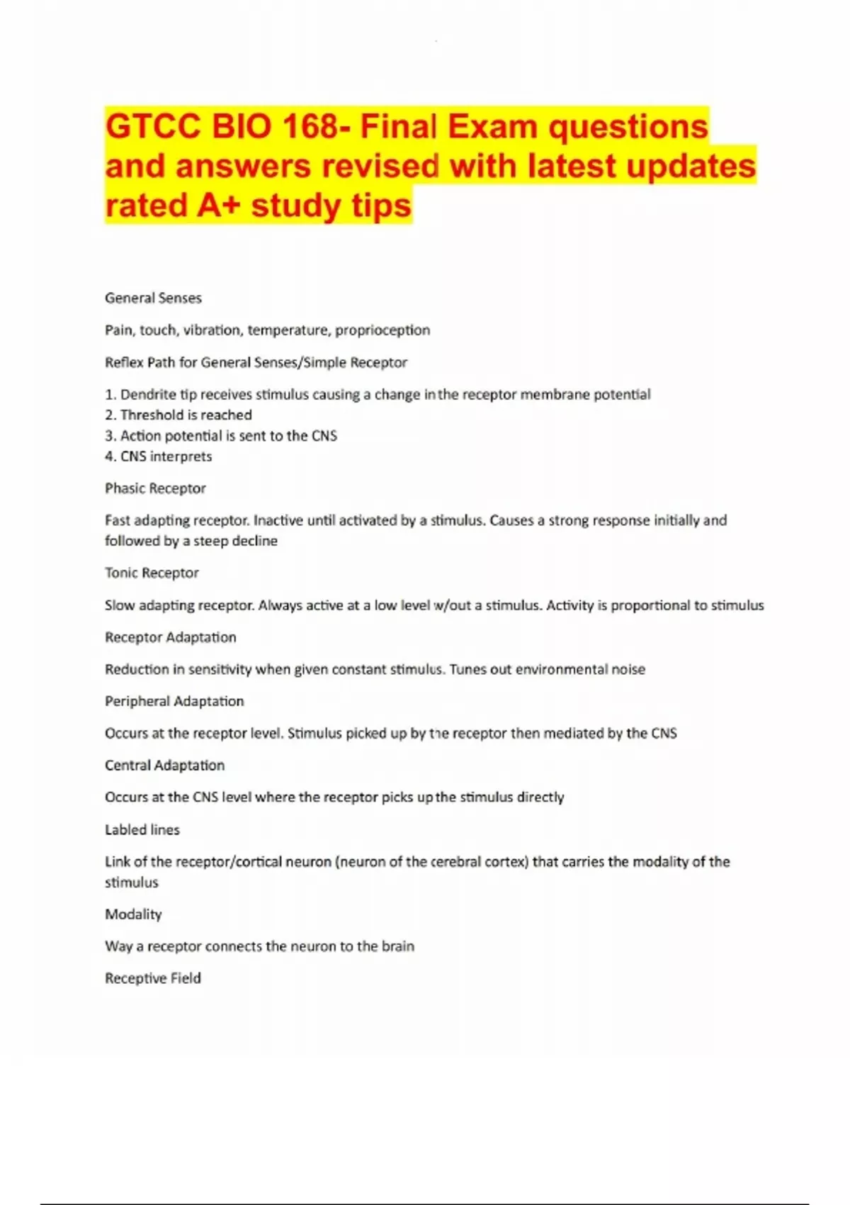 GTCC BIO 168- Final Exam questions and answers revised with latest ...