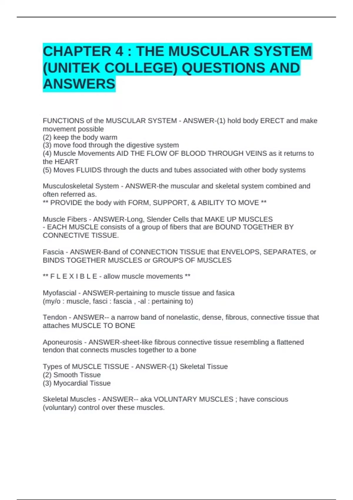 CHAPTER 4 : THE MUSCULAR SYSTEM (UNITEK ) QUESTIONS AND ANSWERS ...