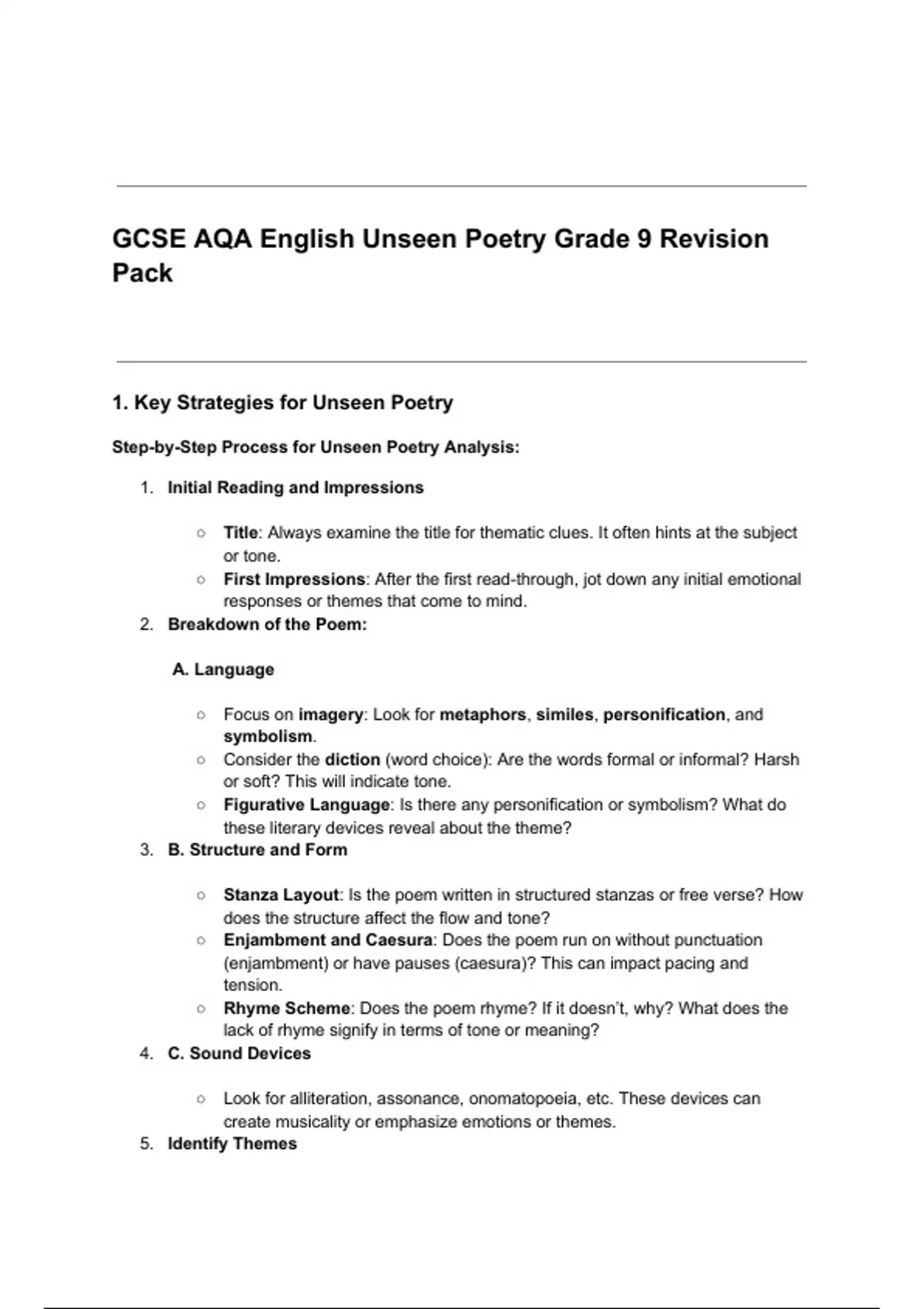 Grade 9 Poetry revision pack - English - Stuvia UK