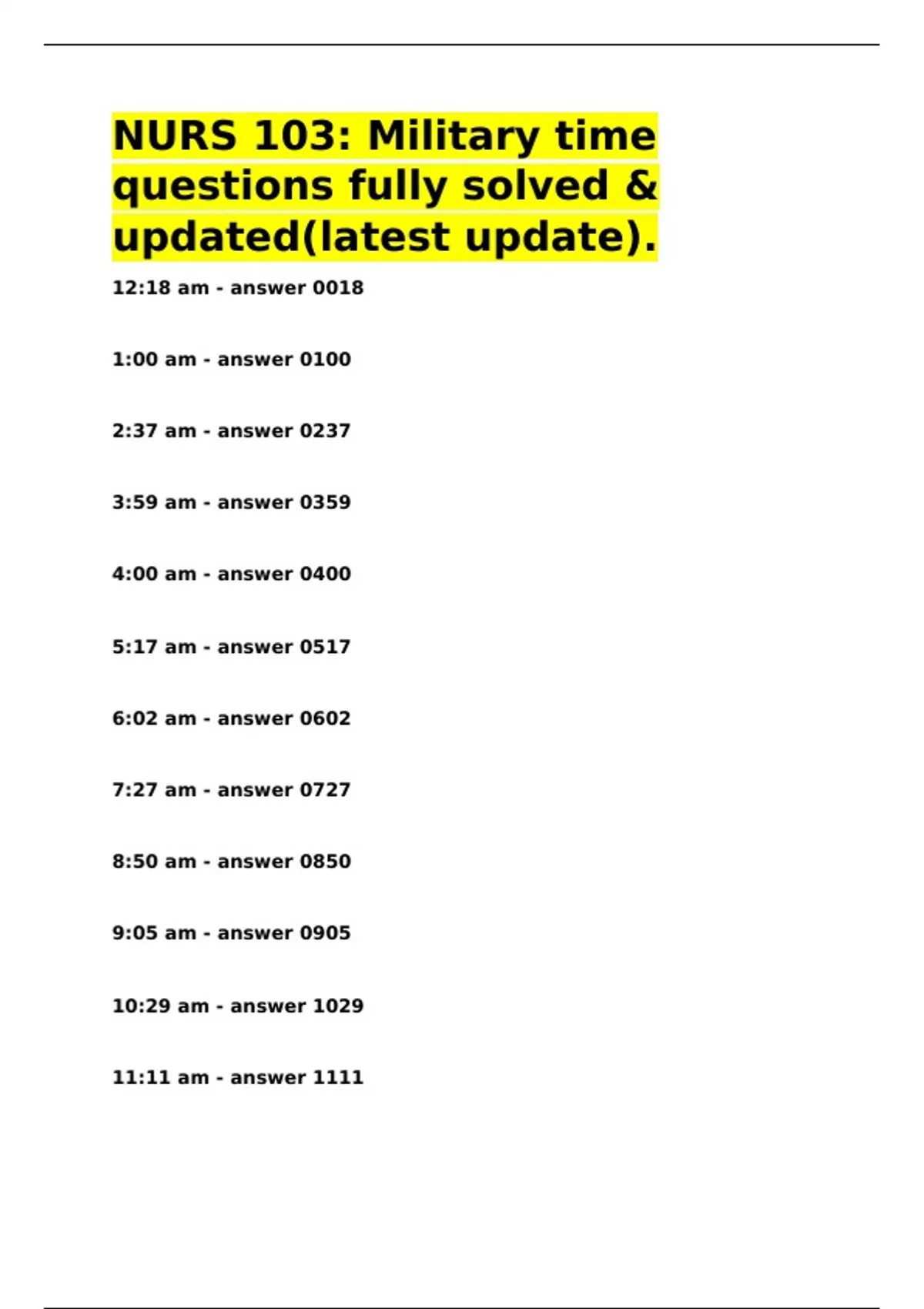 NURS 103 Military time questions fully solved & updated(latest update ...
