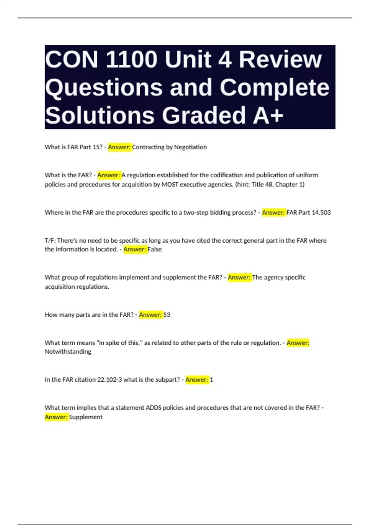 CON 1100 Unit 4 Review Questions and Complete Solutions Graded A+ - CON ...