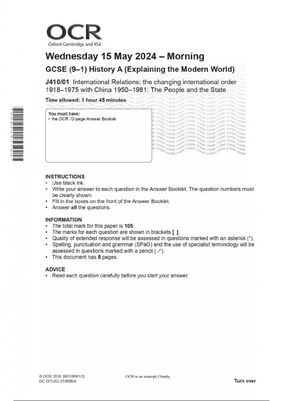 ACTUAL 2024 OCR GCSE HISTORY A (EXPLAINING THE MODERN WORLD) J410/01 ...
