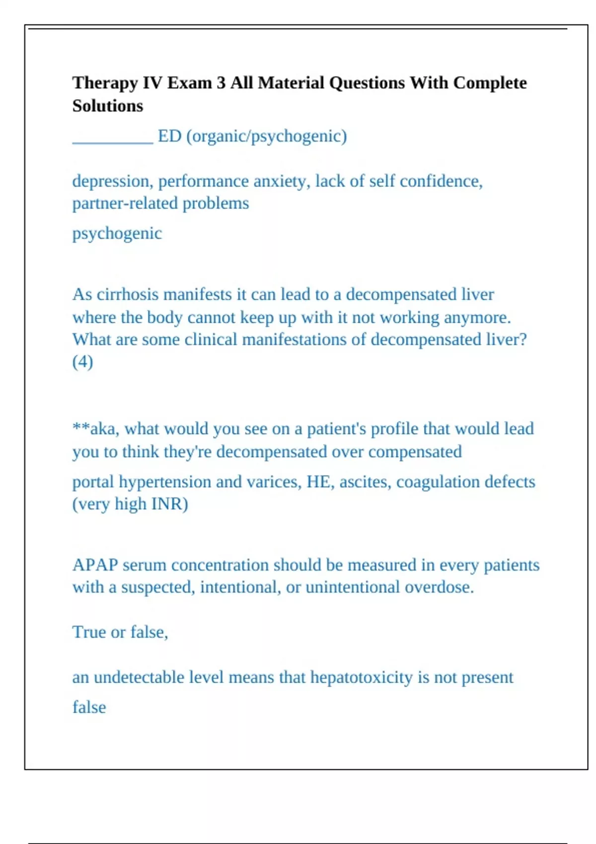 Therapy IV Exam 3 All Material Questions With Complete Solutions ...