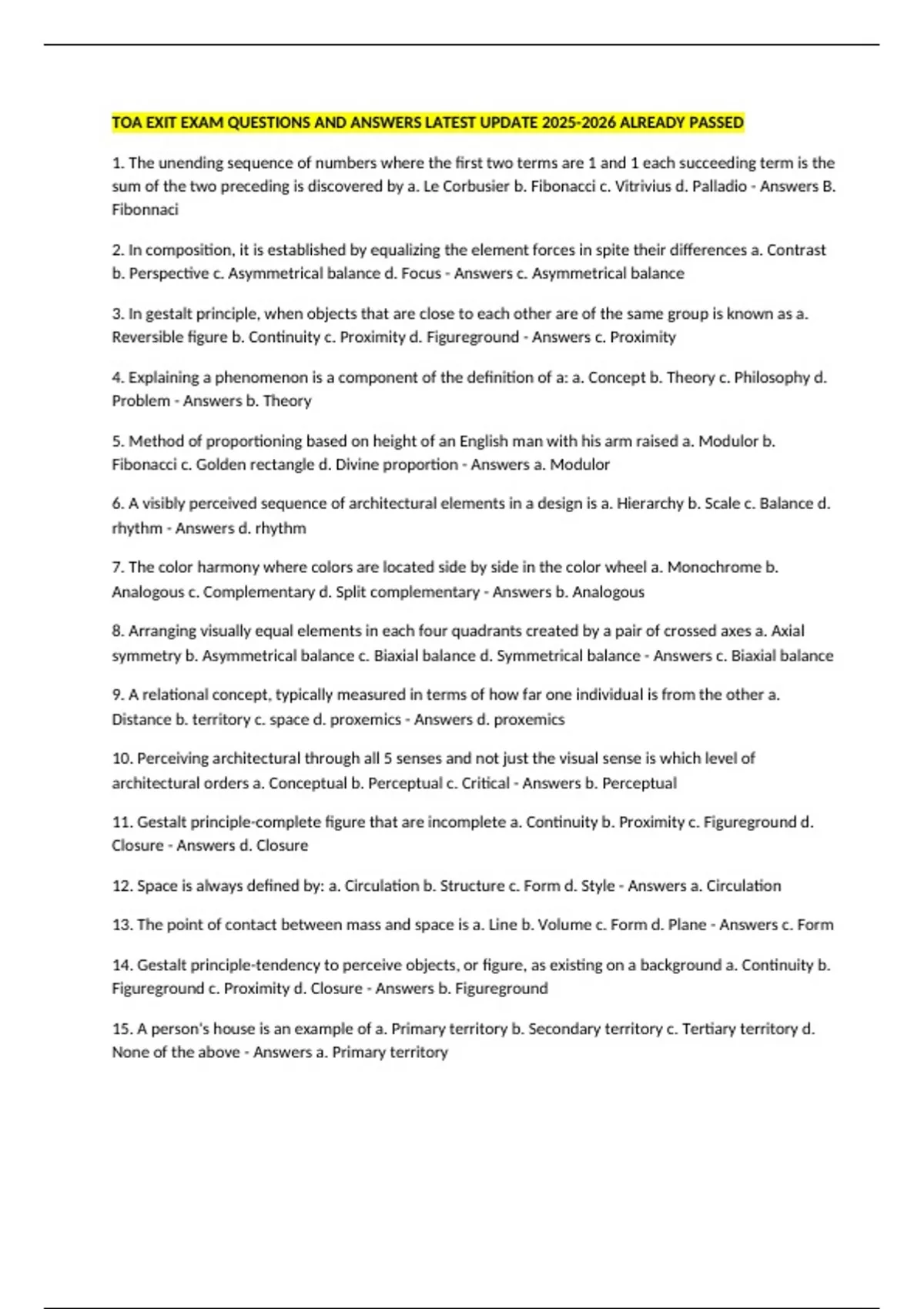 TOA EXIT EXAM QUESTIONS AND ANSWERS LATEST UPDATE ALREADY PASSED - TOA ...