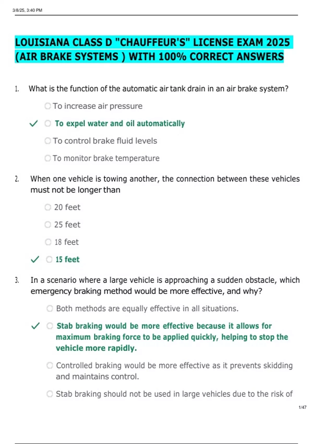 LOUISIANA CLASS D "CHAUFFEUR'S" LICENSE EXAM 2025 (AIR BRAKE SYSTEMS ...