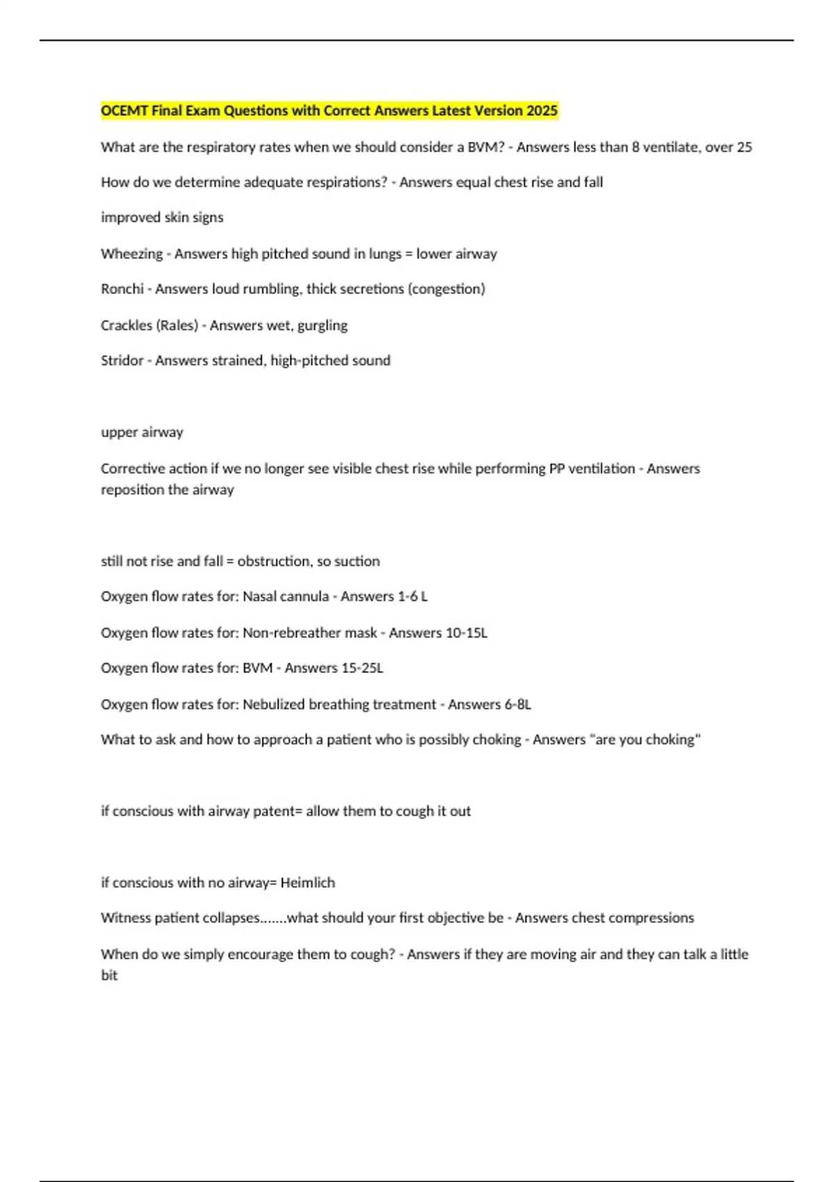 OCEMT Final Exam Questions with Correct Answers Latest Version 2025 ...