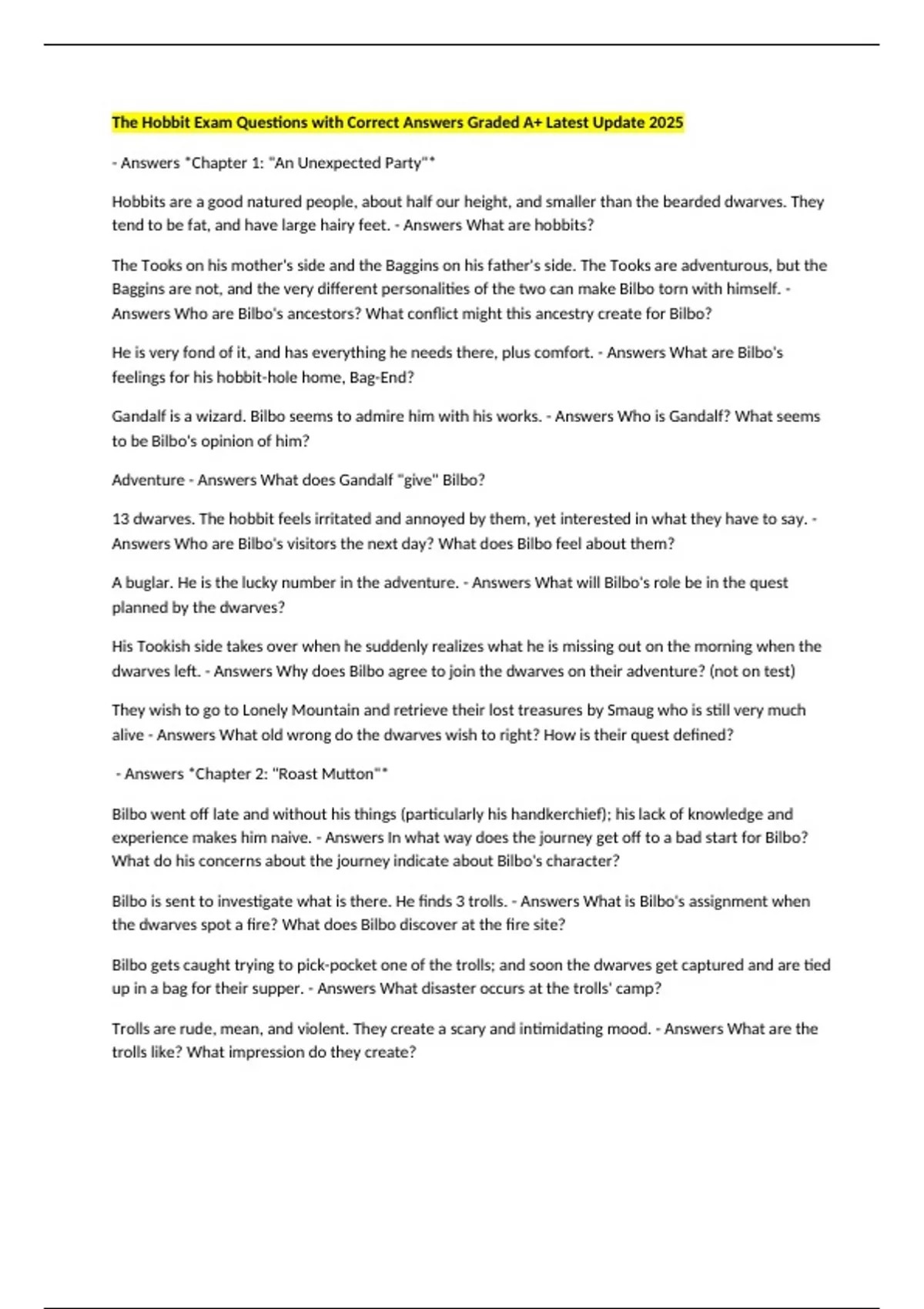 The Hobbit Exam Questions with Correct Answers Graded A+ Latest Update ...