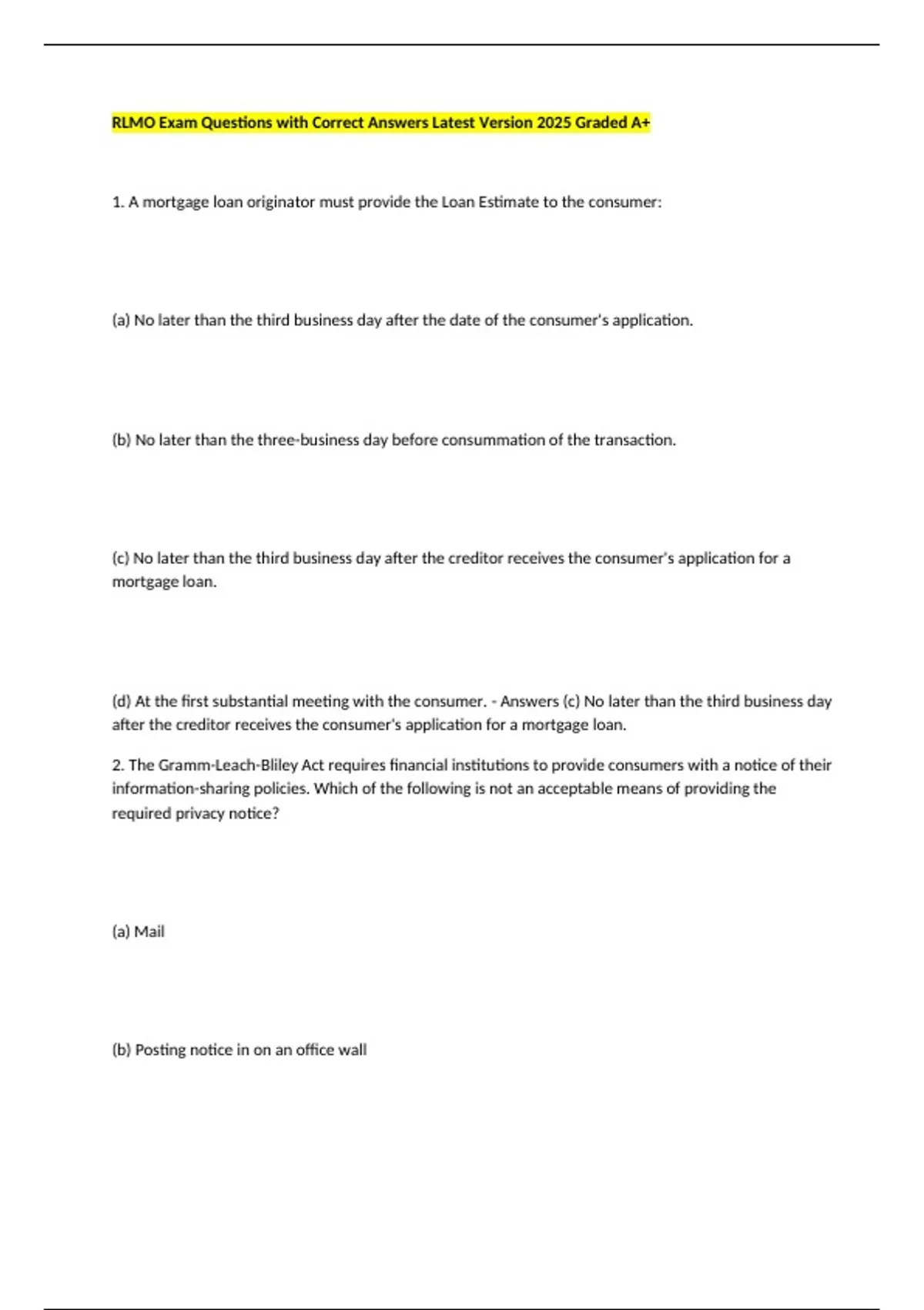 RLMO Exam Questions with Correct Answers Latest Version 2025 Graded A+ ...