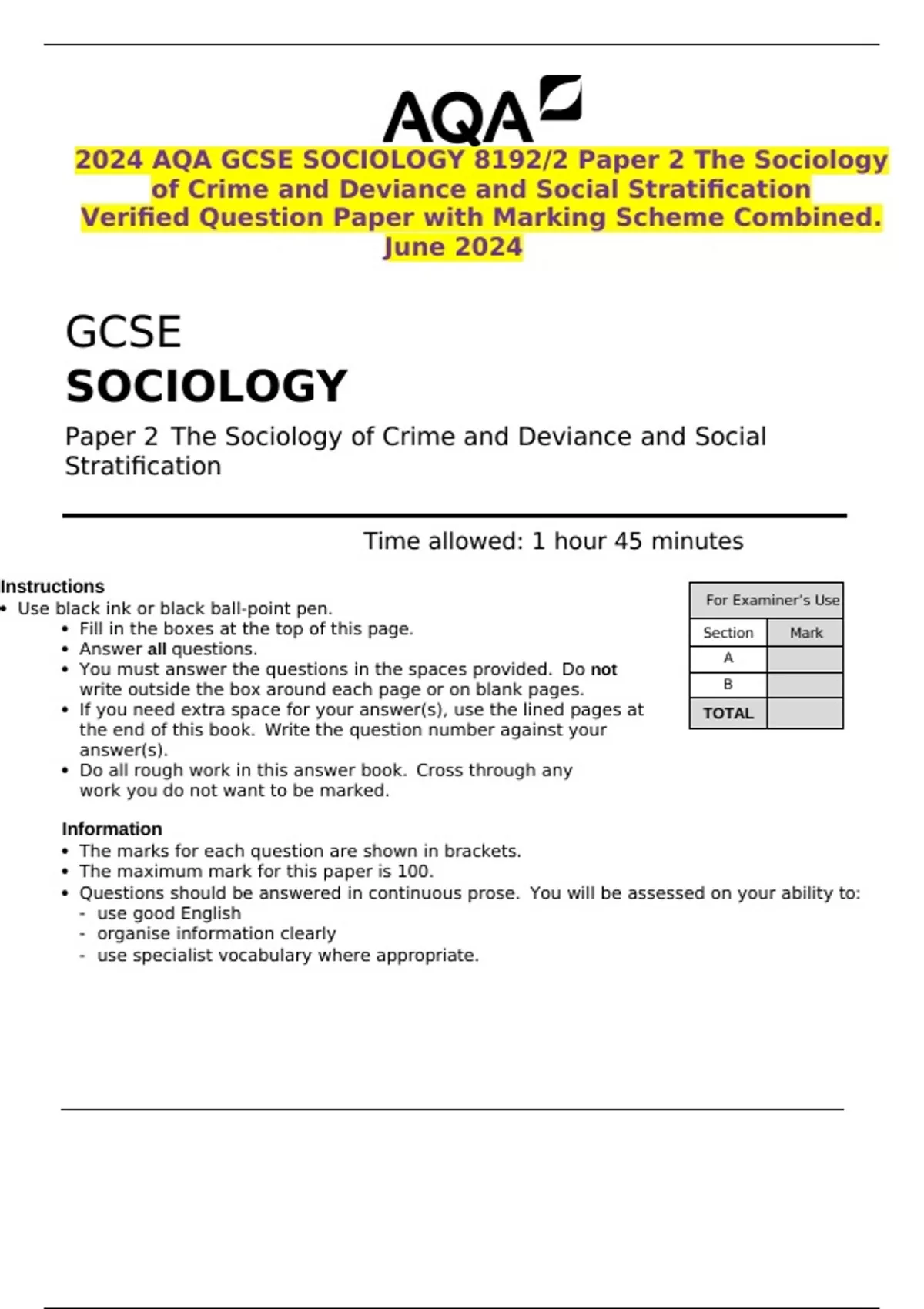 2024 AQA GCSE SOCIOLOGY 8192/2 Paper 2 The Sociology of Crime and ...